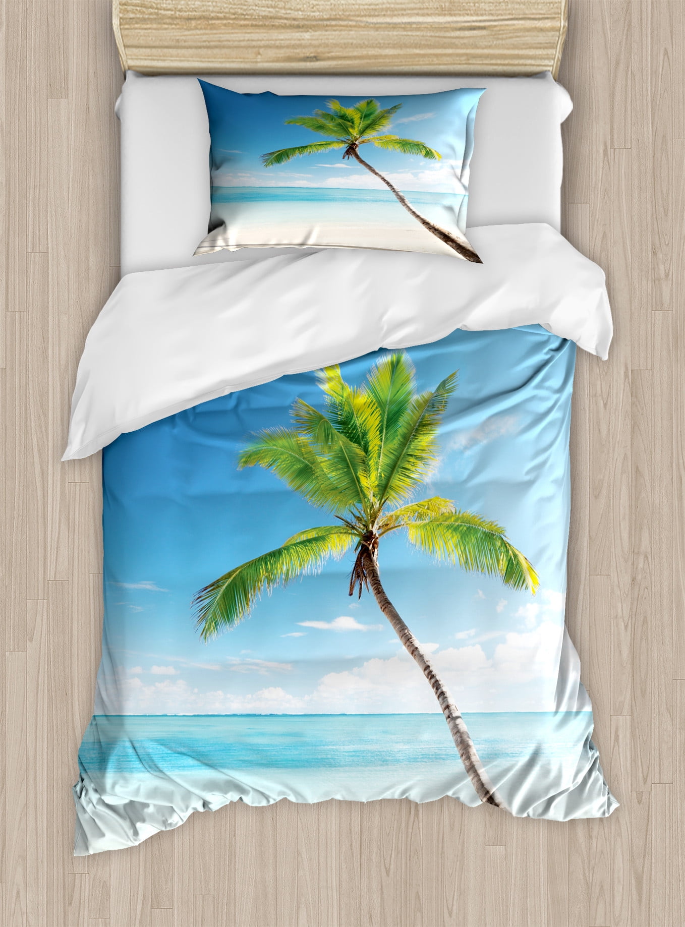 Tropical Duvet Cover Set, Palm Tree on Caribbean Sandy Beach Clear Sky ...