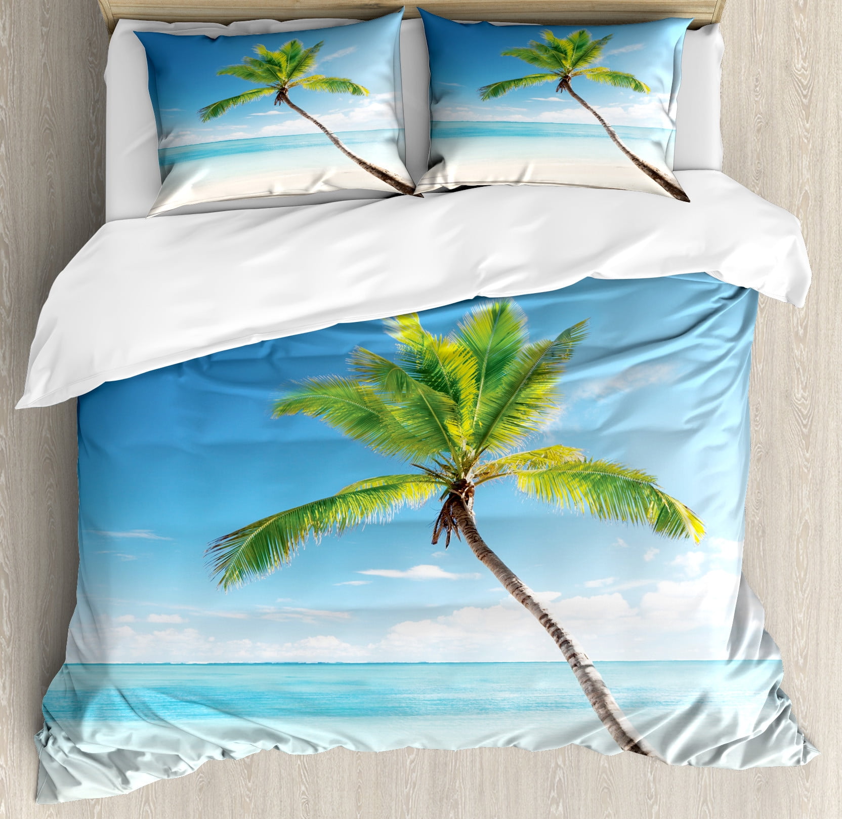 Tropical Duvet Cover Set, Palm Tree on Caribbean Sandy Beach Clear Sky ...