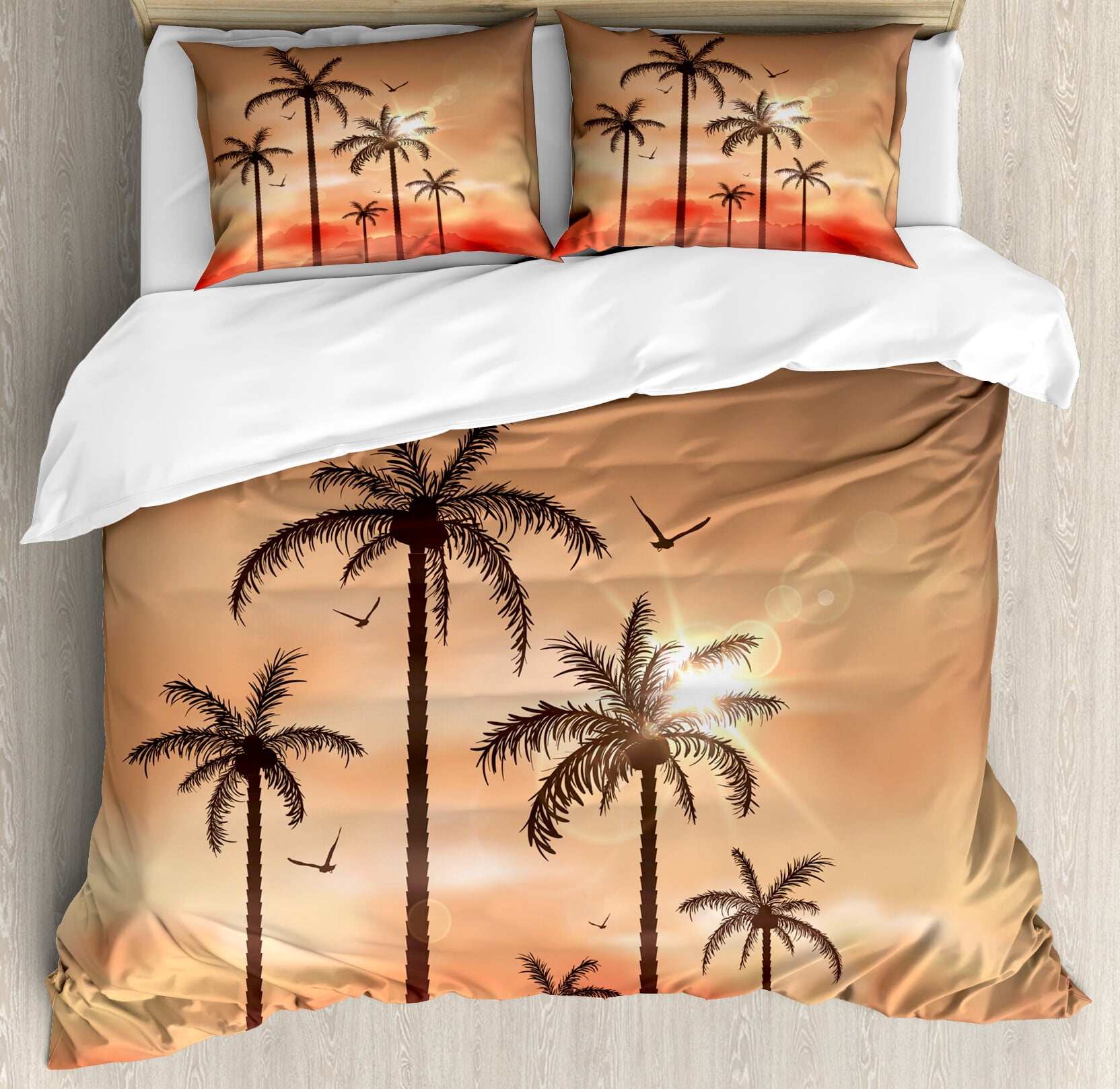 Tropical Duvet Cover Set, Palm Trees with Dramatic Sky Clouds and Gulls ...