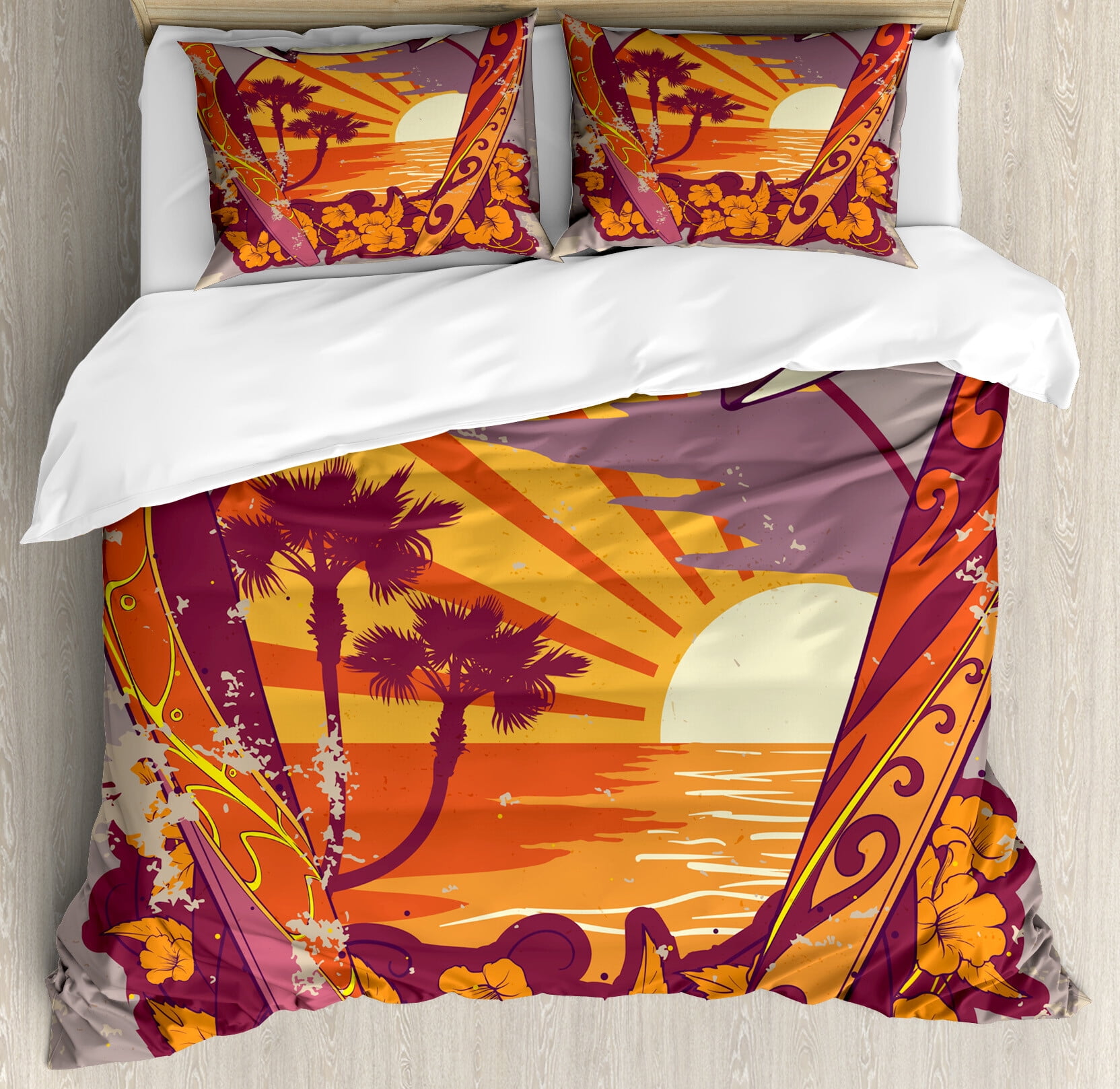 Tropical Duvet Cover Set, Retro Summertime Typography with Surfboards ...