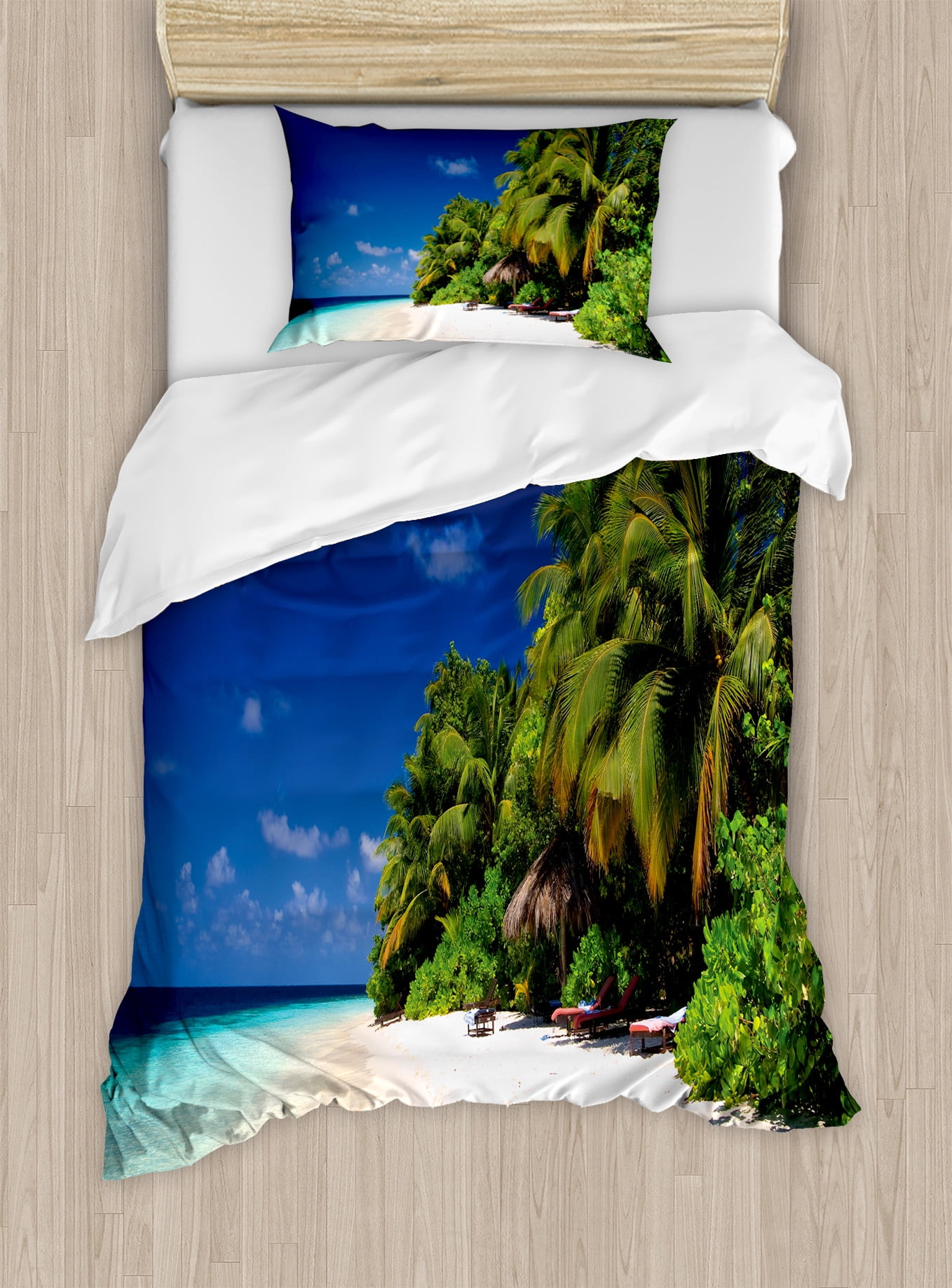 Tropical Duvet Cover Set, Sandy Beach Coast with Exotic Trees Maldives ...