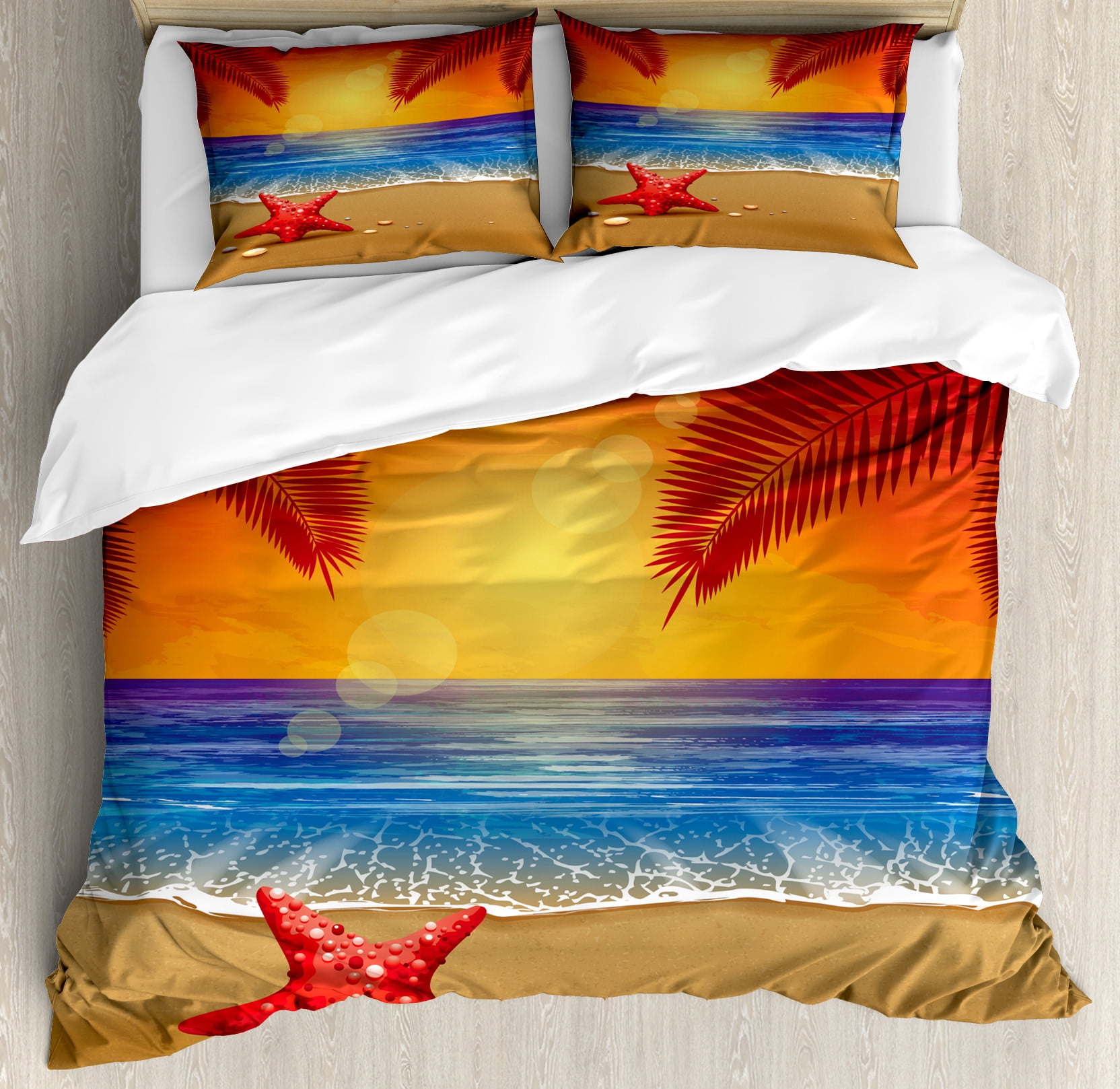 Tropical Duvet Cover Set, Sunset Cartoon Illustration Beach Summer ...