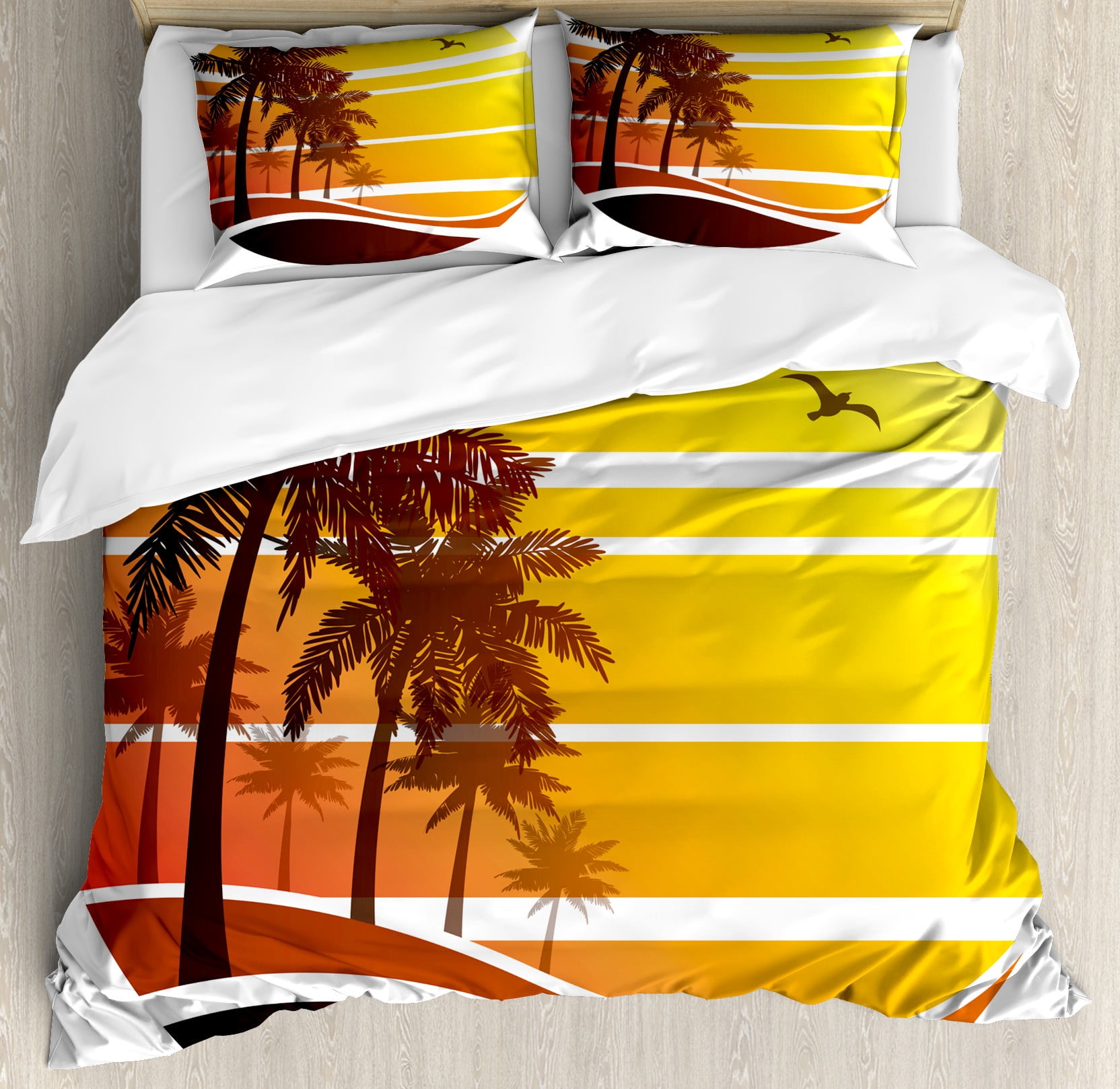Tropical Duvet Cover Set, Sunset at Exotic Beach with Palm Trees Birds ...