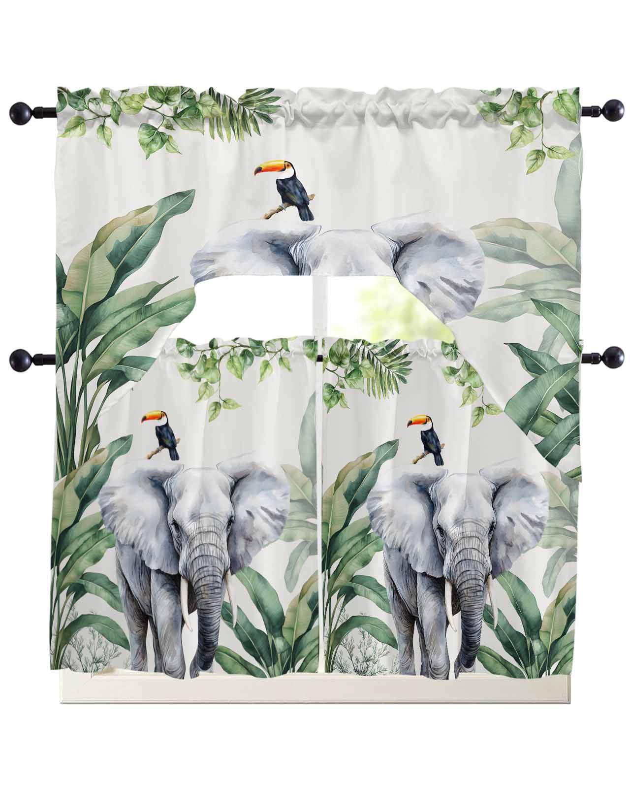 Tropical Elephant Bird Kitchen Curtains Sets 36 Inch Length with ...