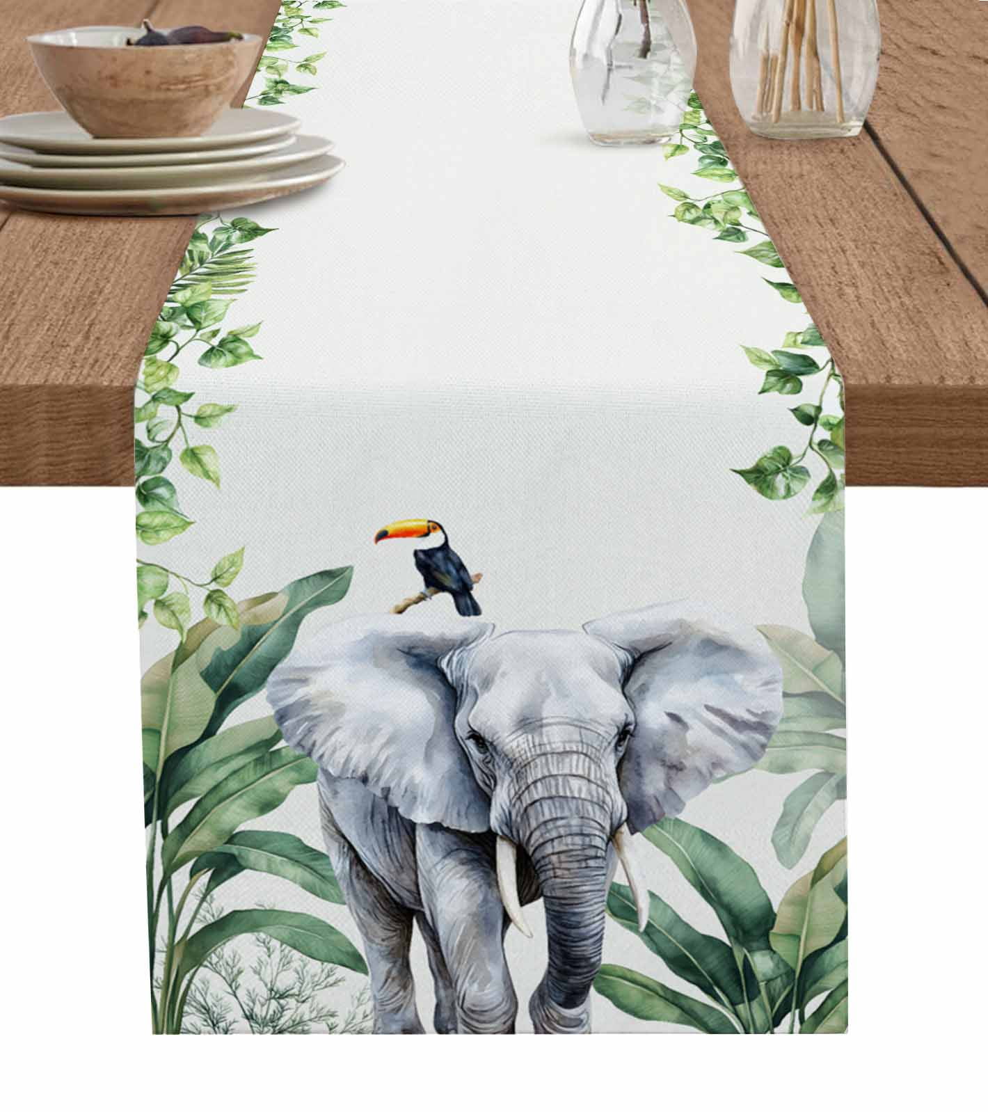 Tropical Elephant Bird Table Runner 90 Inches, Watercolor Summer Palm ...