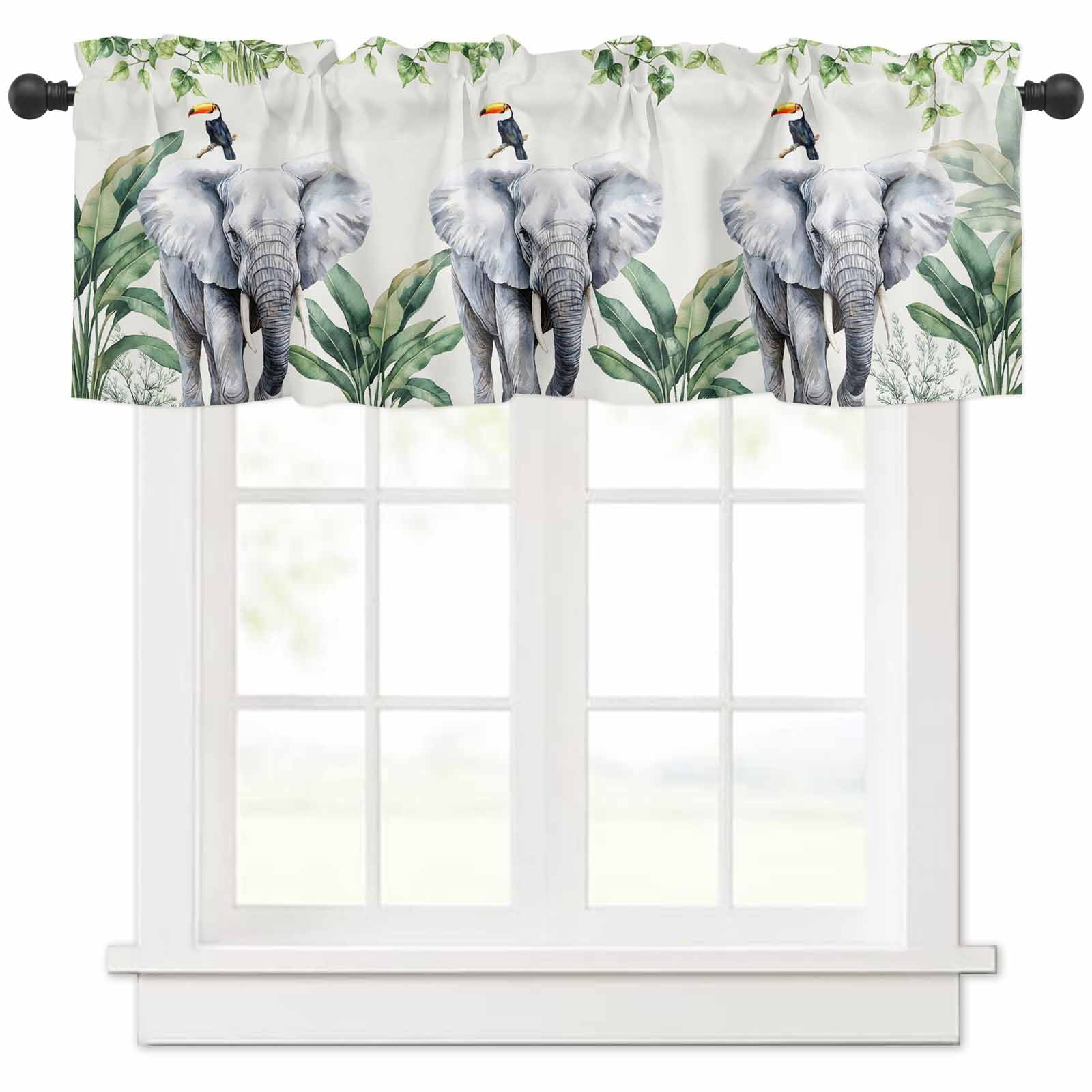 Tropical Elephant Bird Valances for Windows Farmhouse Kitchen Curtains ...