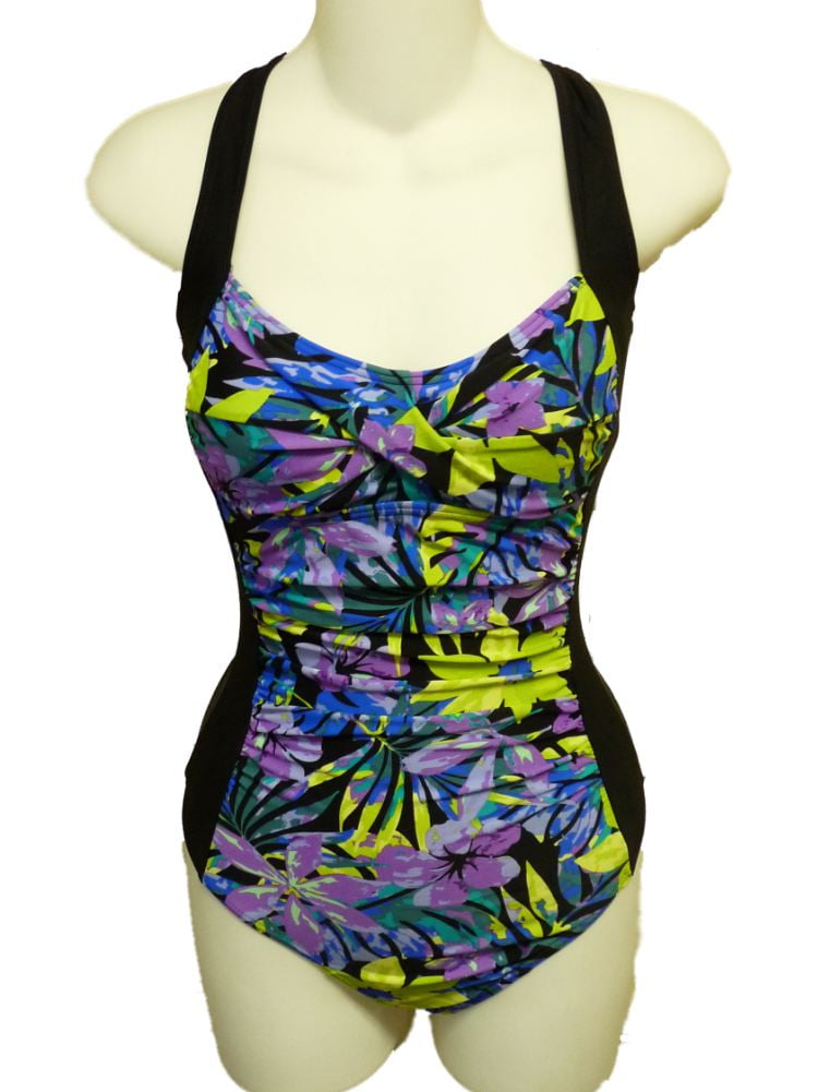 Tropical Escape Womens Purple Tropical Print Swim Suit Ruched Swimming ...