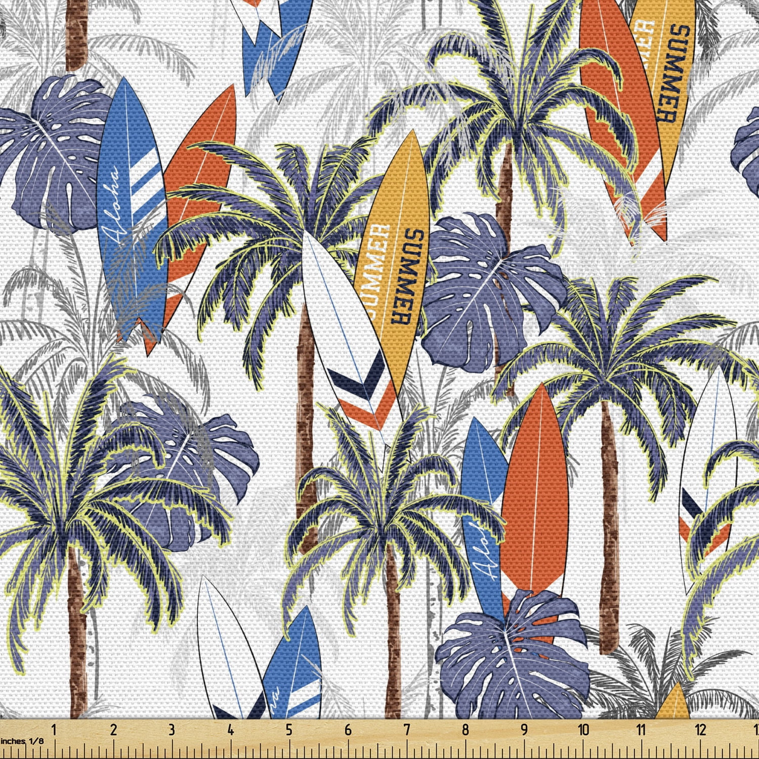 Tropical Fabric by the Yard, Continuous Palm Trees Surfboards Monstera ...