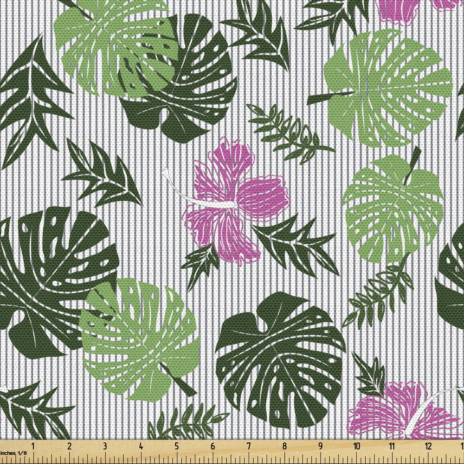 Tropical Fabric by the Yard, Exotic Leaves and Flowers on Thin Stripes ...