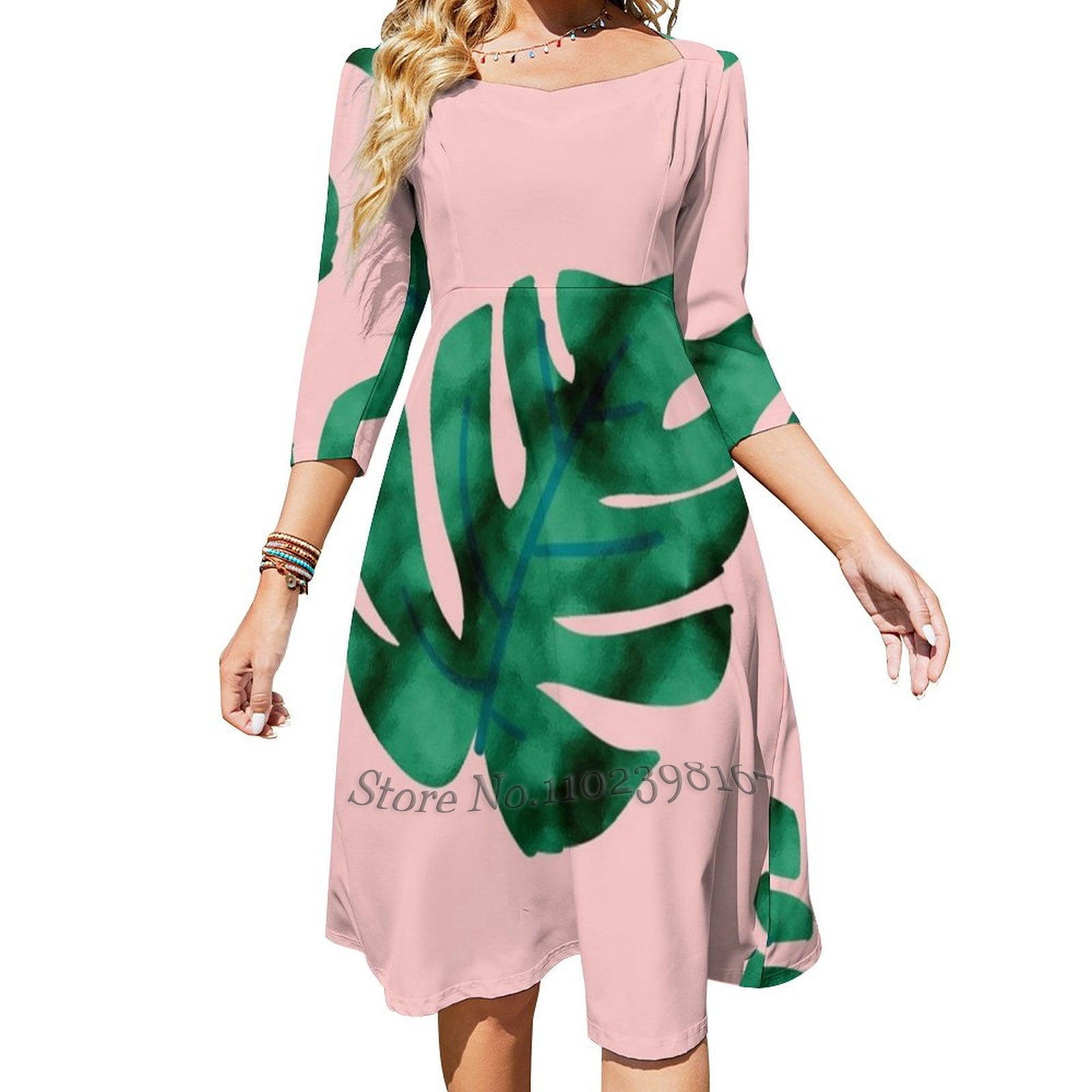Tropical Fern Leaves On Peach Sweetheart Knot Flared Dress Fashion ...