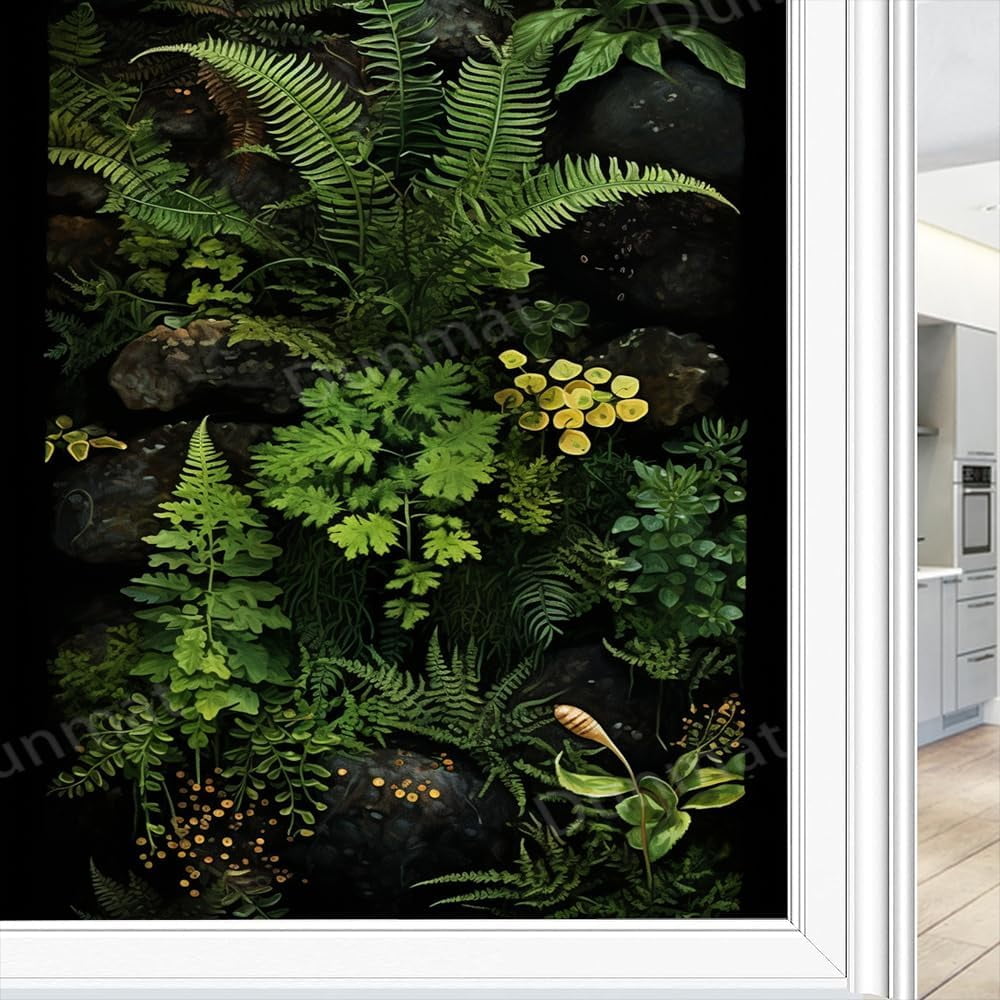 Tropical Ferns Stained Glass Window Film Modern Green Wild Plant Leaves ...