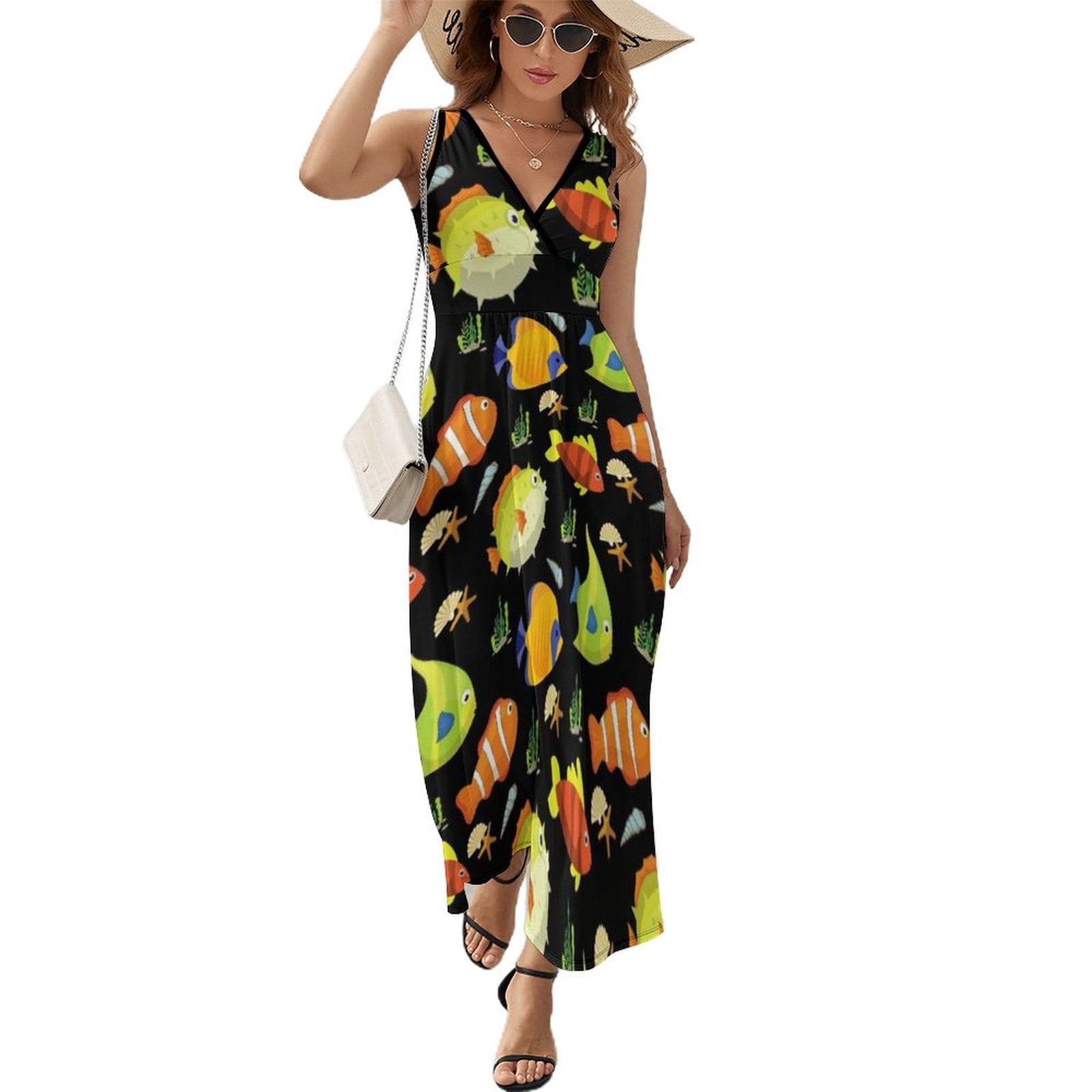 Tropical Fish Pattern in Black Background Sleeveless Dress summer dress ...