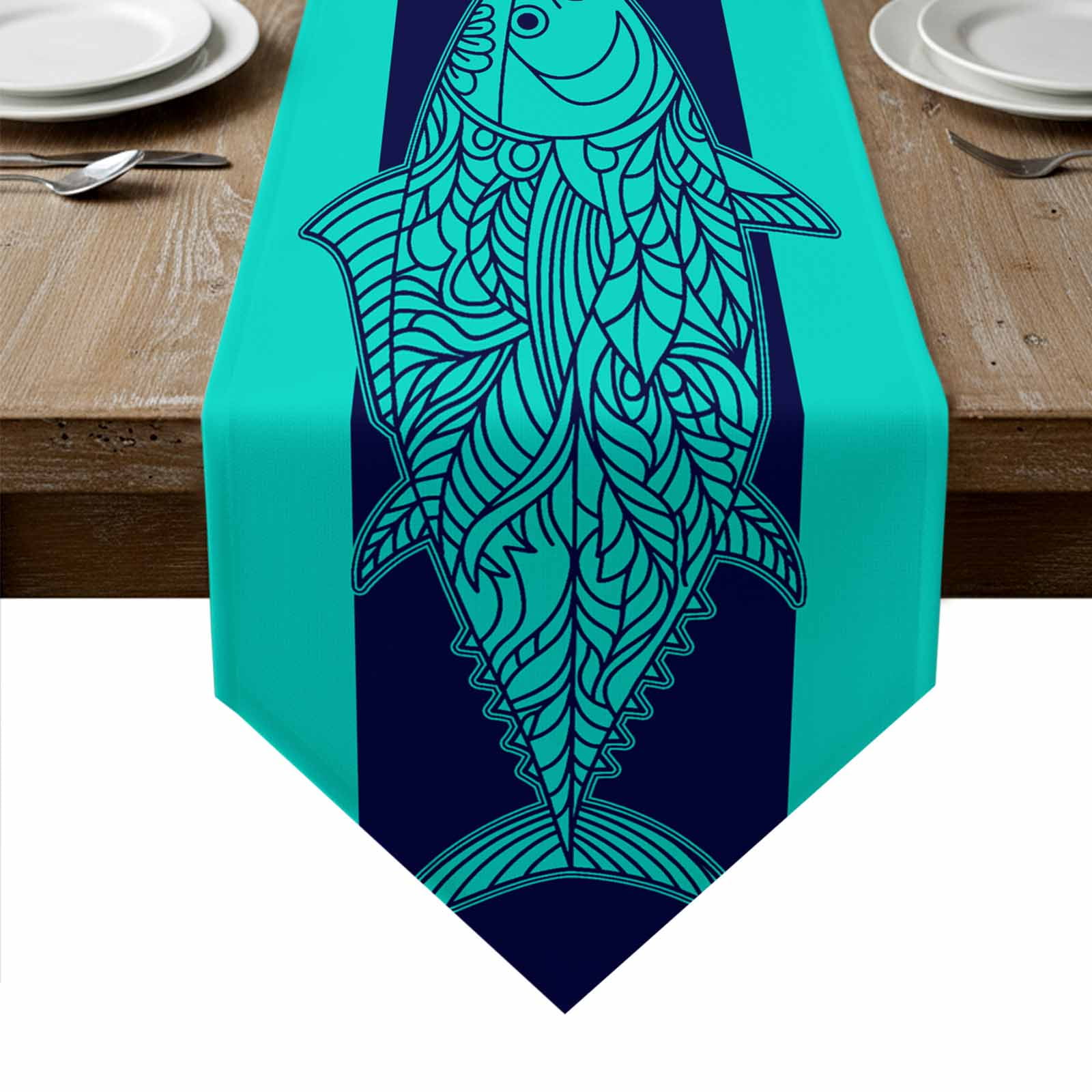 Tropical Fish Table Runner Linen Burlap Table Runner 48 Inches Long ...