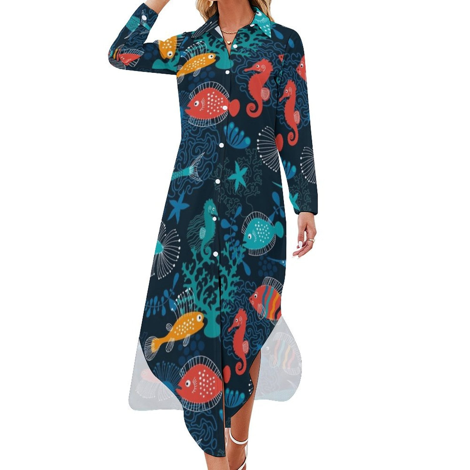 Tropical Fish Under the Sea Long Sleeved Shirt Dress elegant dress sexy ...