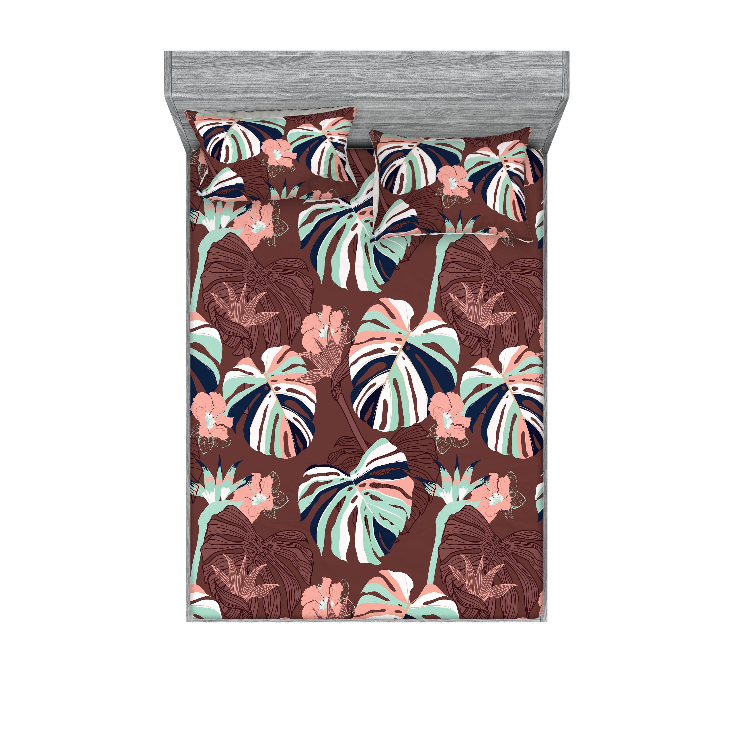 Tropical Fitted Sheet & Pillow Sham Set, Colorful Monstera Leaves ...
