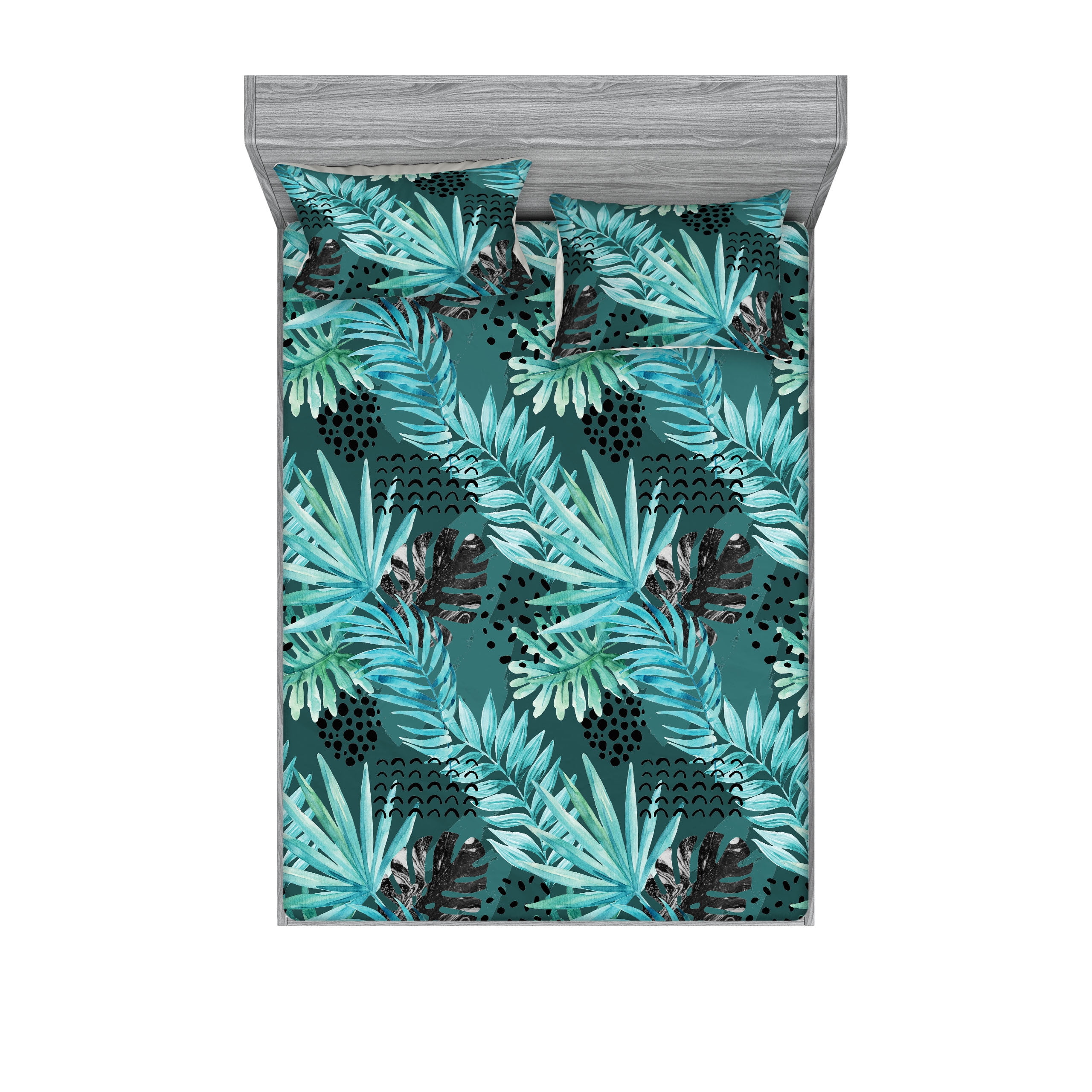 Tropical Fitted Sheet & Pillow Sham Set, Exotic Concept Palm Monstera ...