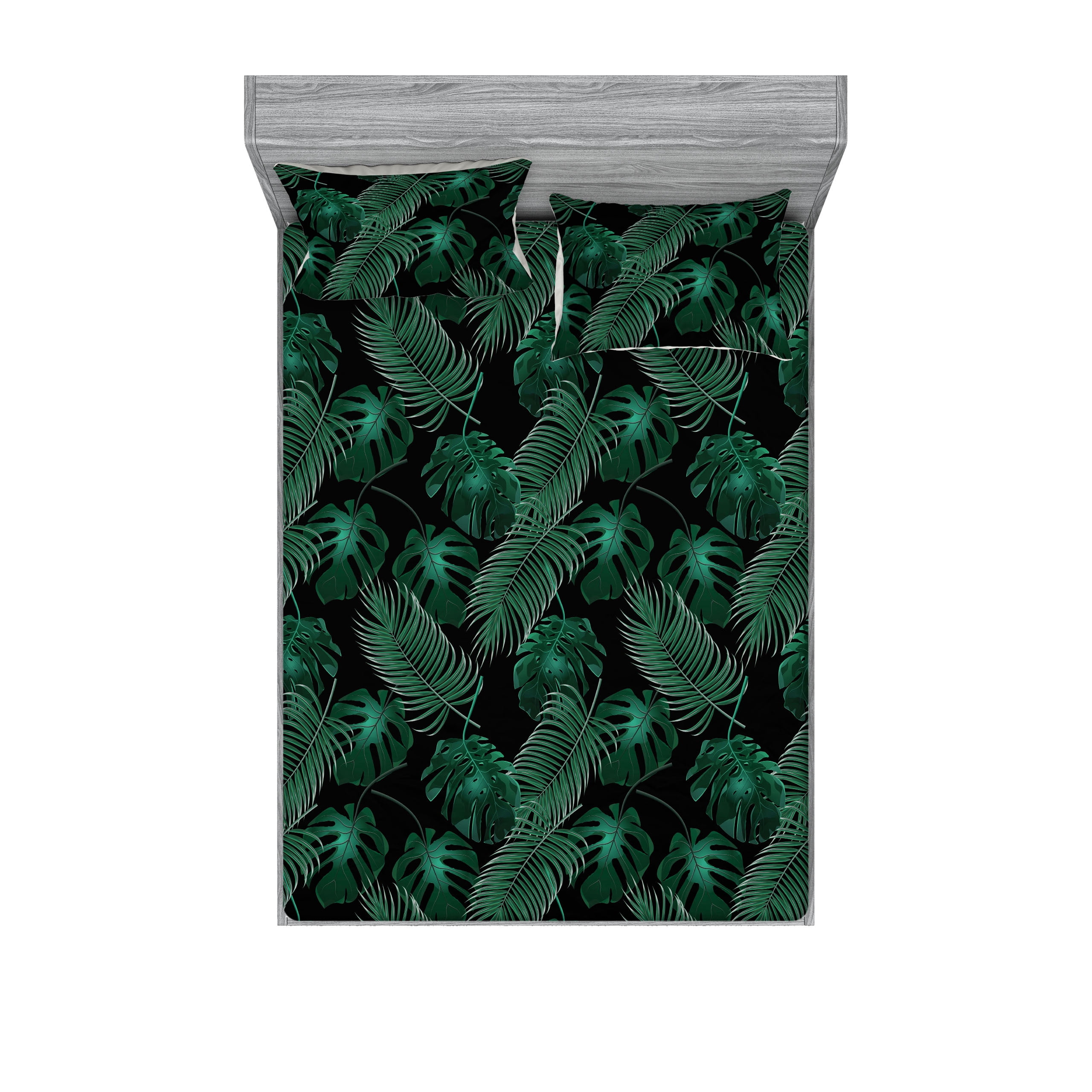 Tropical Fitted Sheet & Pillow Sham Set, Exotic Monstera and Palm Tree ...