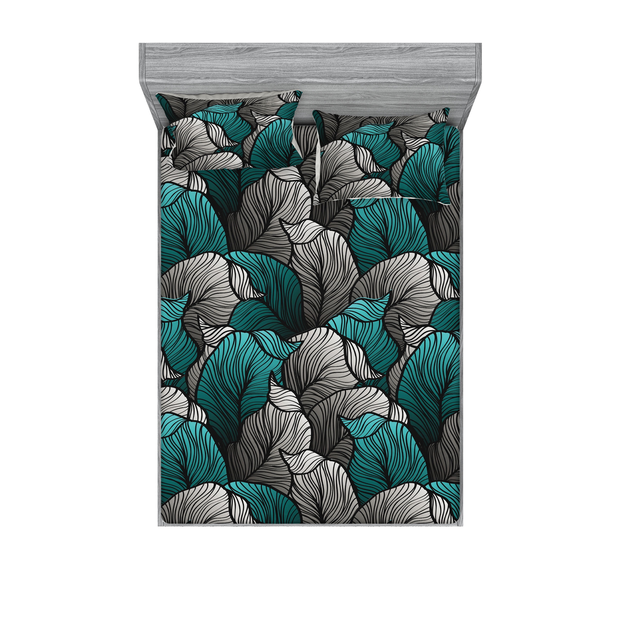Tropical Fitted Sheet & Pillow Sham Set, Line Art Style Illustration ...