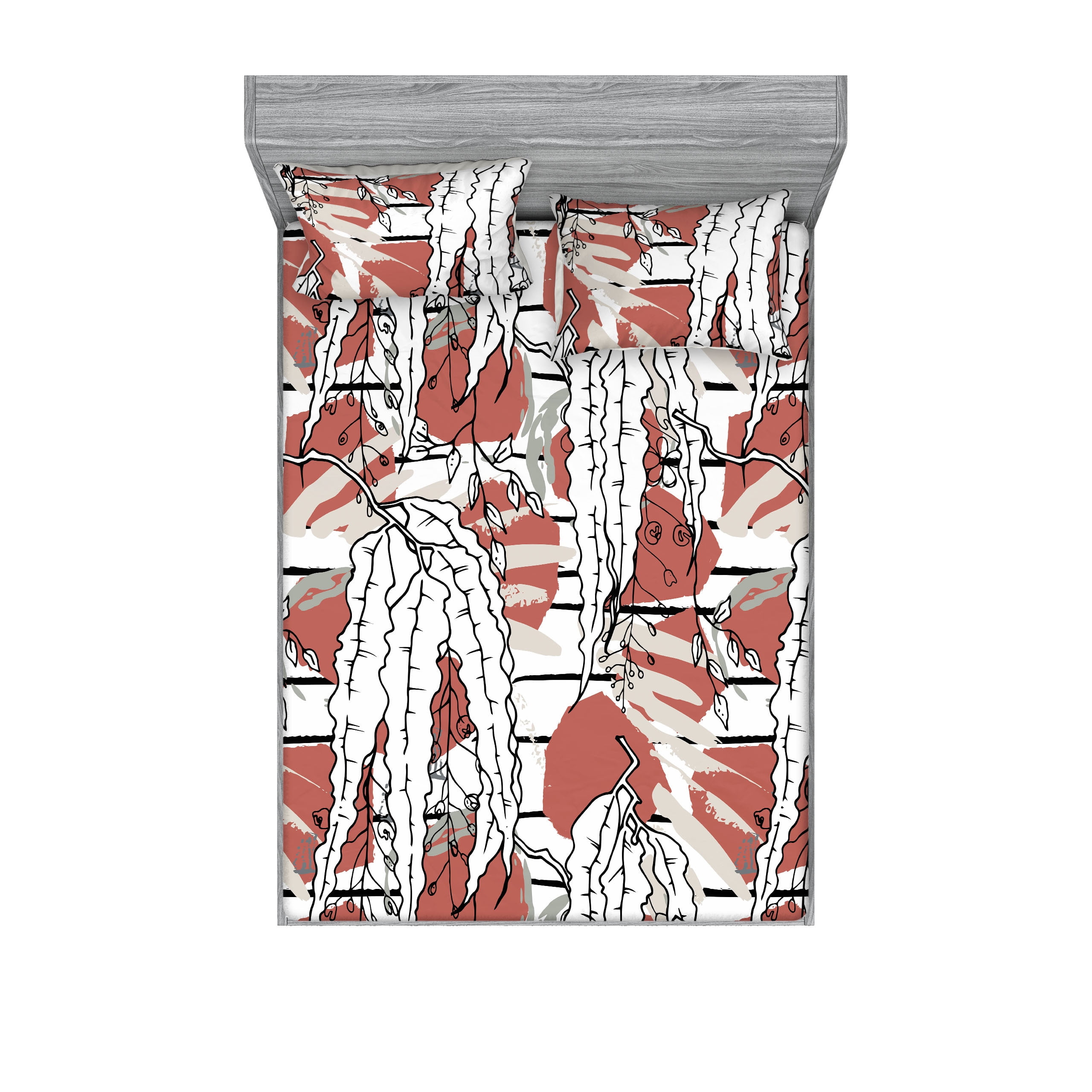 Tropical Fitted Sheet & Pillow Sham Set, Weeping Leaves on Abstract ...