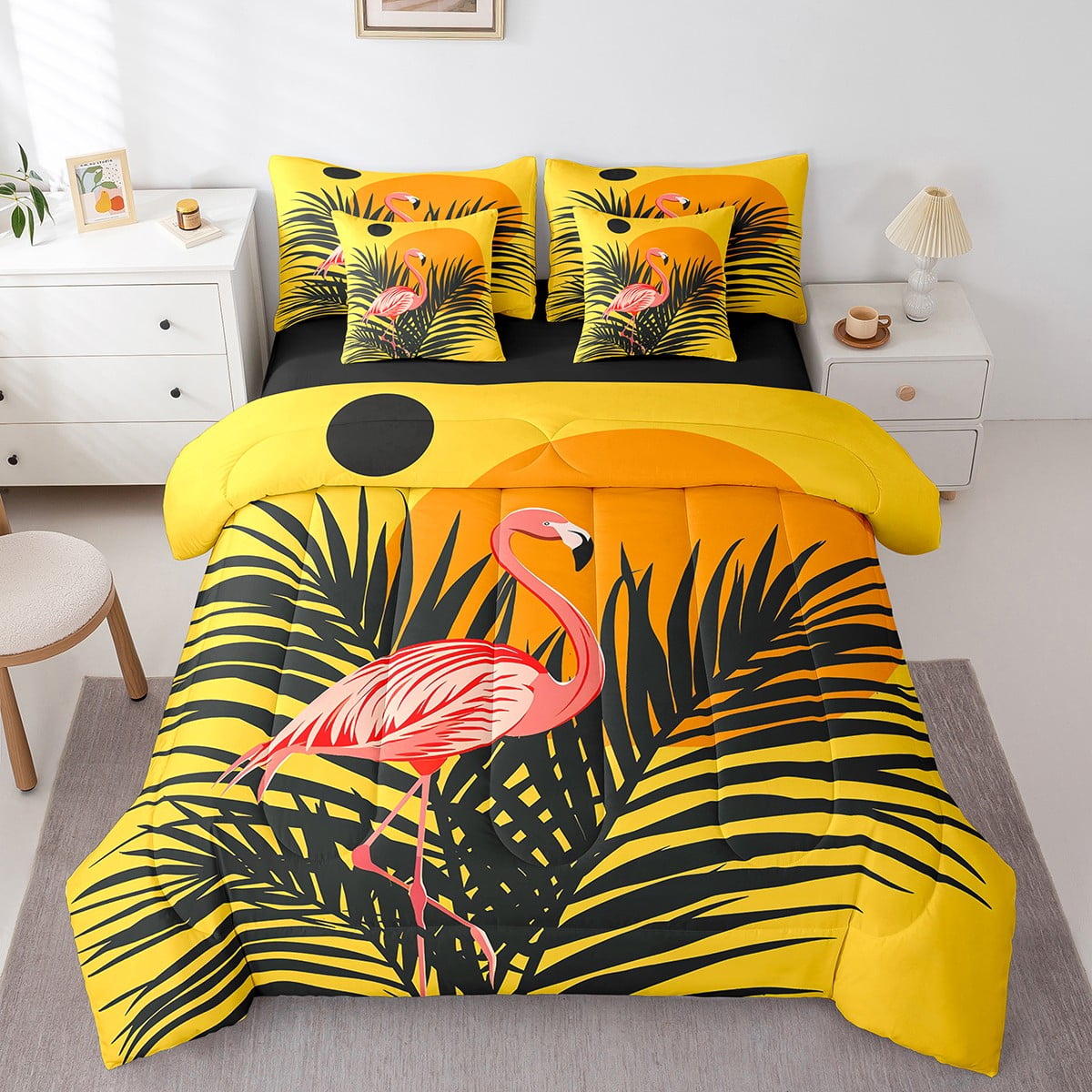 Tropical Flamingo Bed in a Bag 7-Piece Palm Tree Leaves Bedding Set ...
