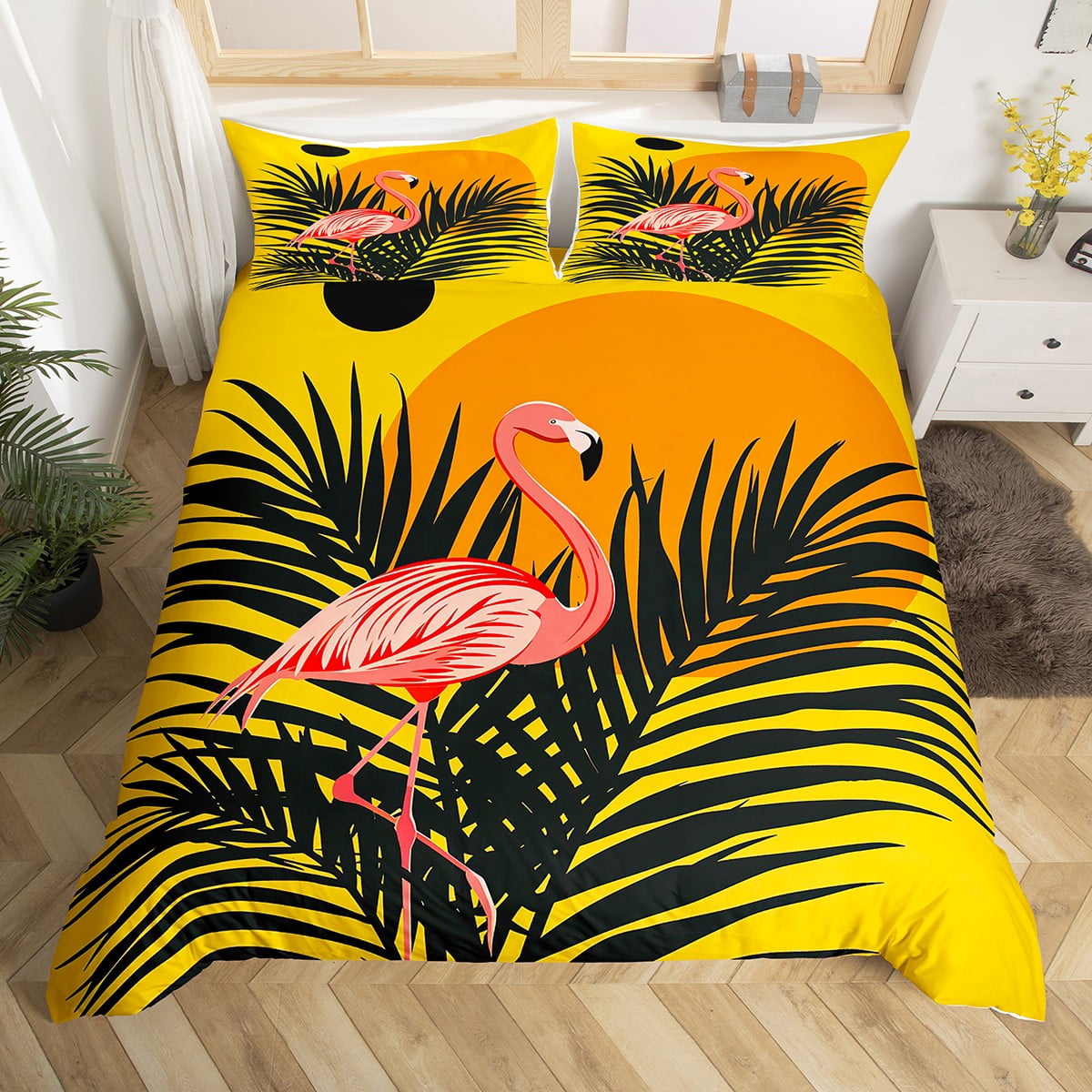 Tropical Flamingo Bedding King Size Palm Tree Leaves Comforter Cover ...