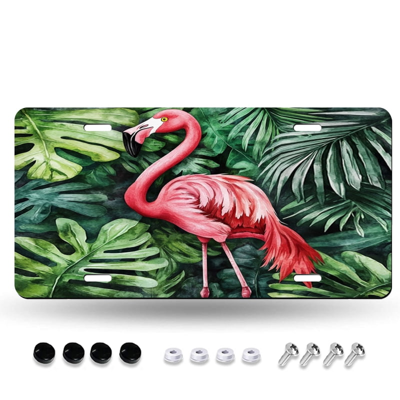 Tropical Flamingo Bird Palm Tree Leaves Watercolor Design License Plate ...