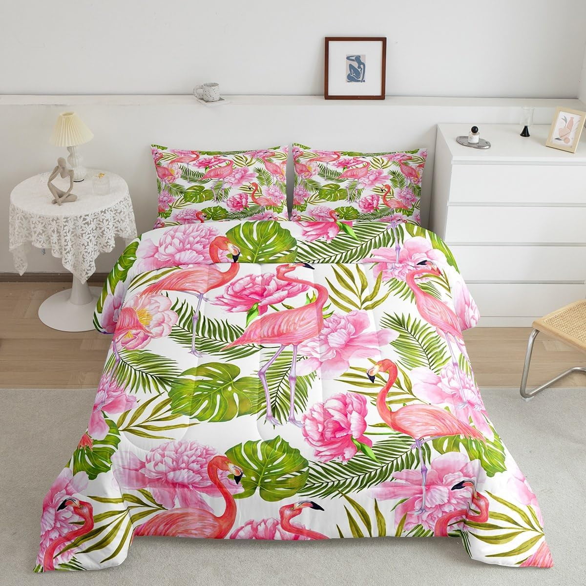 Tropical Flamingo Comforter Set with Palm Leaf Nature Theme for Kids ...