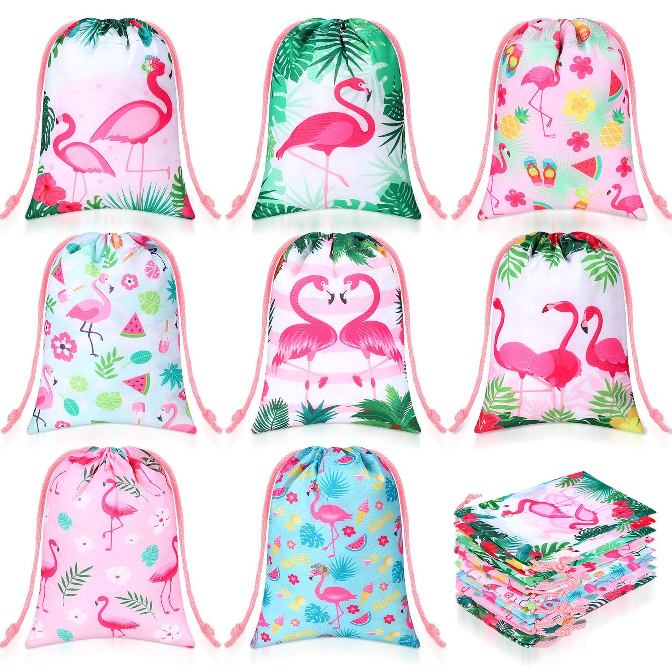 Tropical Flamingo Drawstring Gift Bags - 24 Pack Hawaiian Party Favors for Kids, Perfect for ...