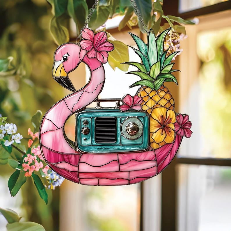 Tropical Flamingo Float Acrylic Suncatcher – Faux Stained Glass Window Hanging with Pineapple ...