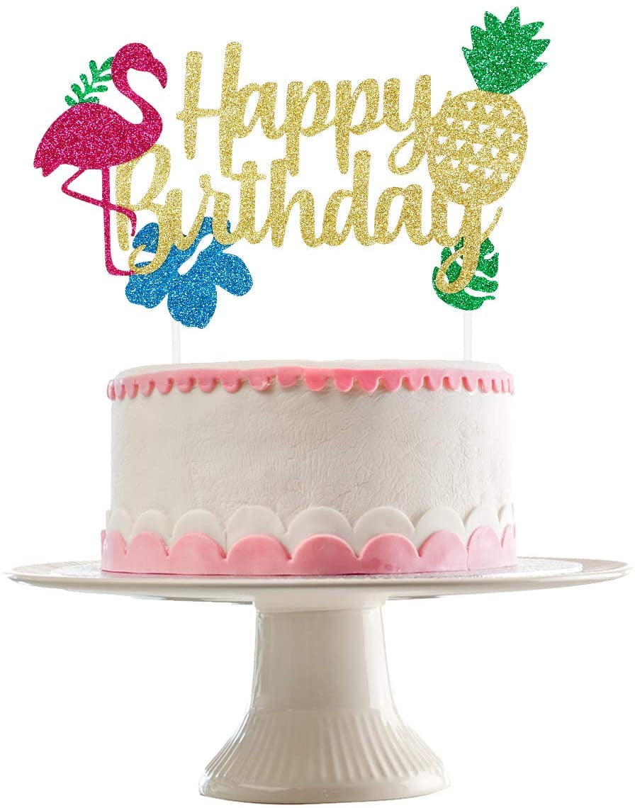 Tropical Flamingo Happy Birthday Cake Topper Gold Glitter Hawaiian Luau ...