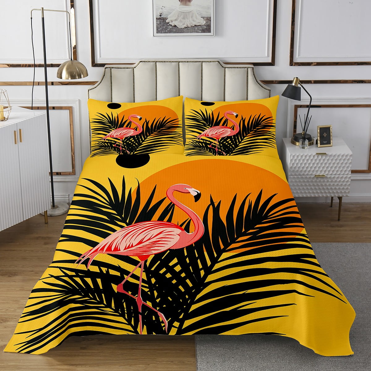 Tropical Flamingo Queen Bedspread Set Palm Tree Leaves Quilt Set, Mid ...