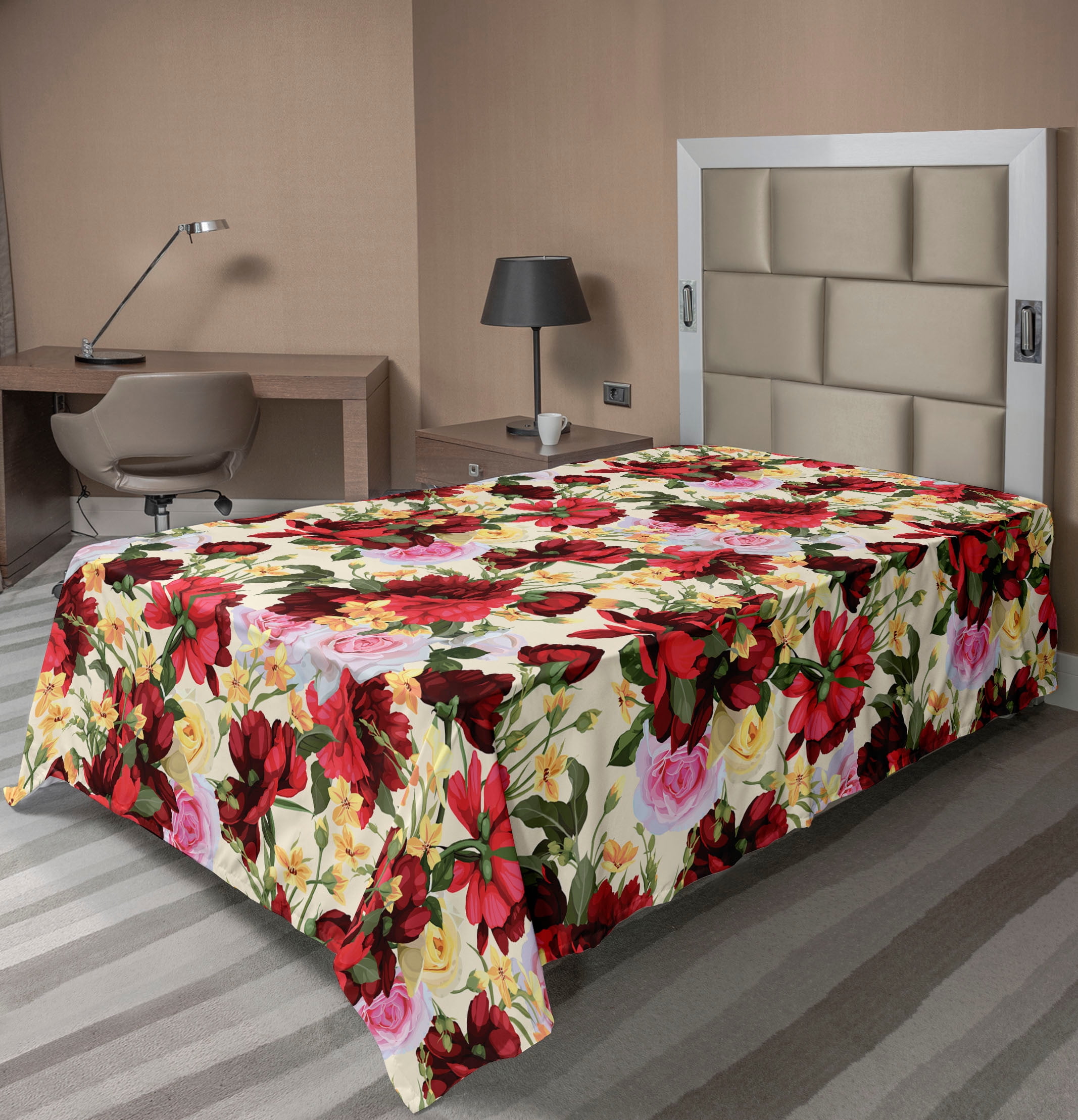 Tropical Flat Sheet, Colorful Abstract Rose Flowers with Leaves ...