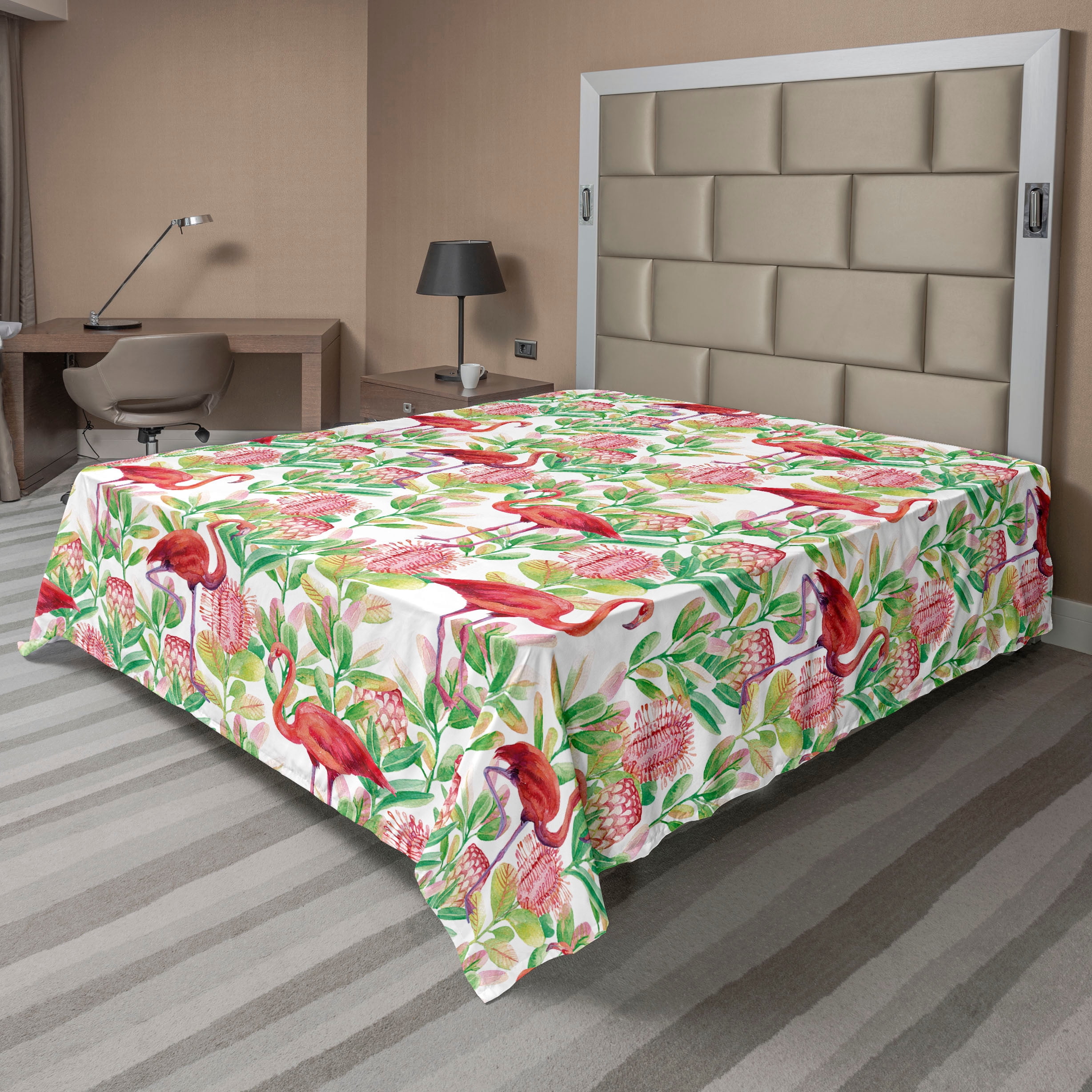 Tropical Flat Sheet, Flamingo Pattern with Exotics Feels Leaves ...