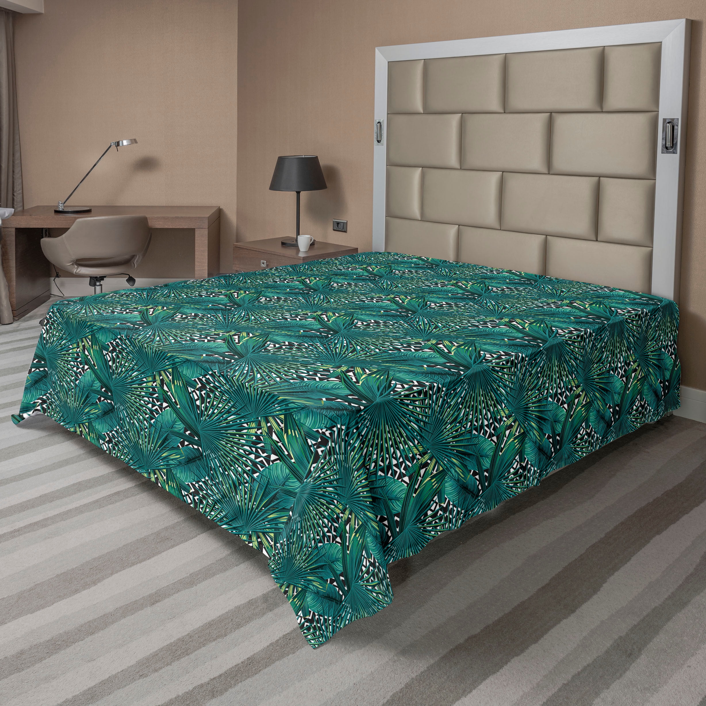 Tropical Flat Sheet, Jungle Vibe Exotic Leaves Pattern on Geometric ...