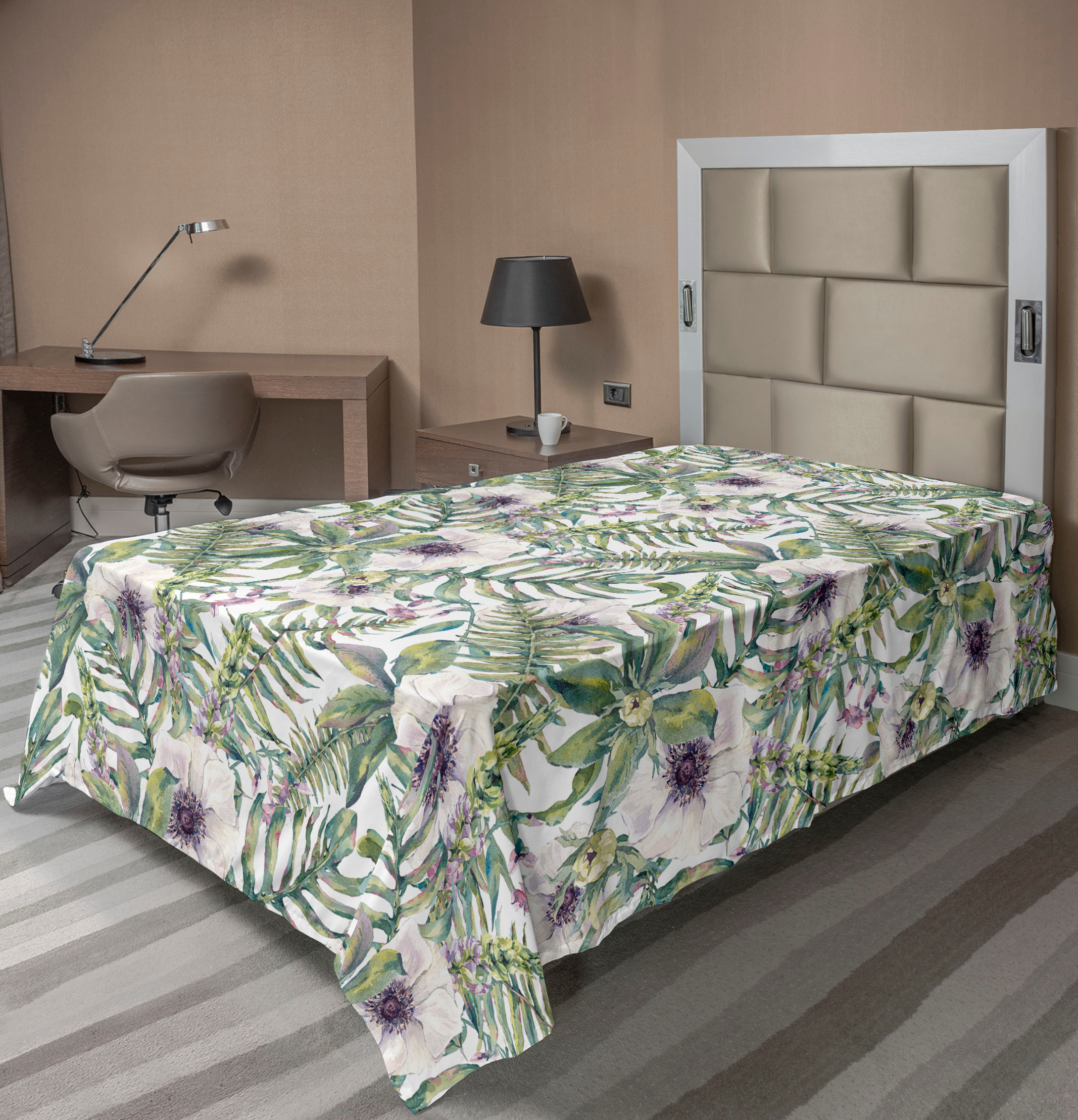 Tropical Flat Sheet, Palm Leaves Lupine Anemone Watercolor ...