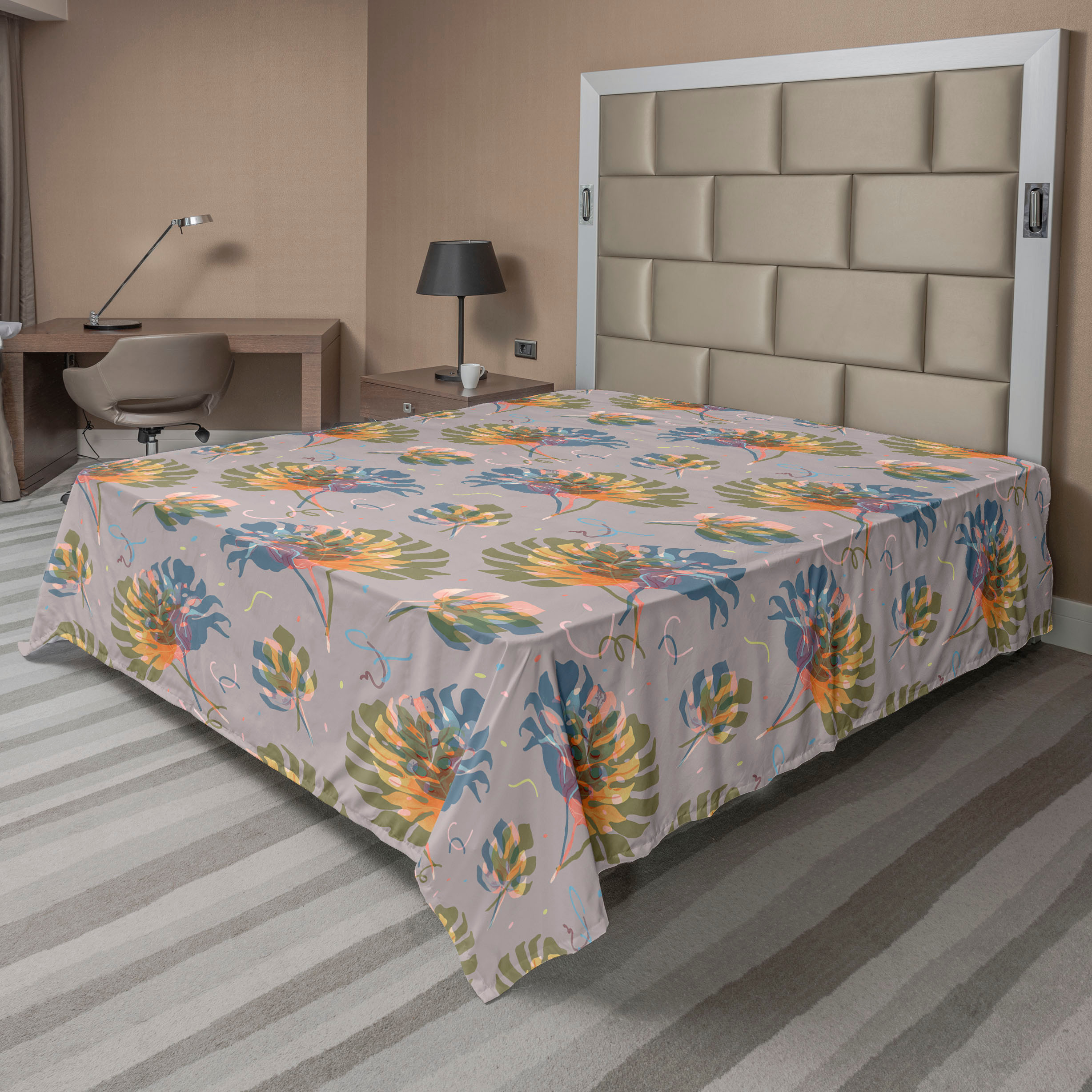 Tropical Flat Sheet, Retro Style Multicolored Overlapped Monstera ...