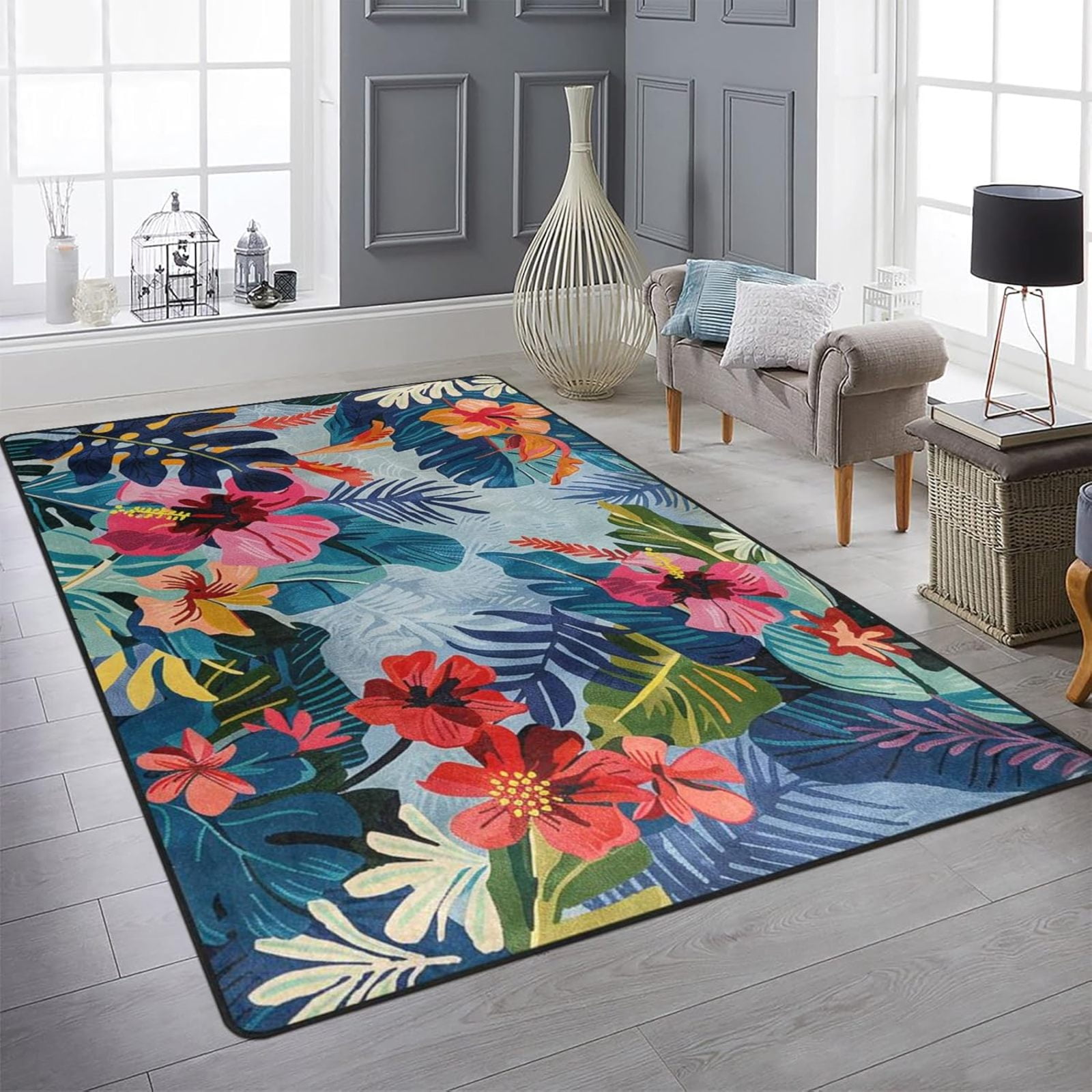 Tropical Floral Area Rug Blue Hawaiian Pattern Plants Rugs Carpet Non ...