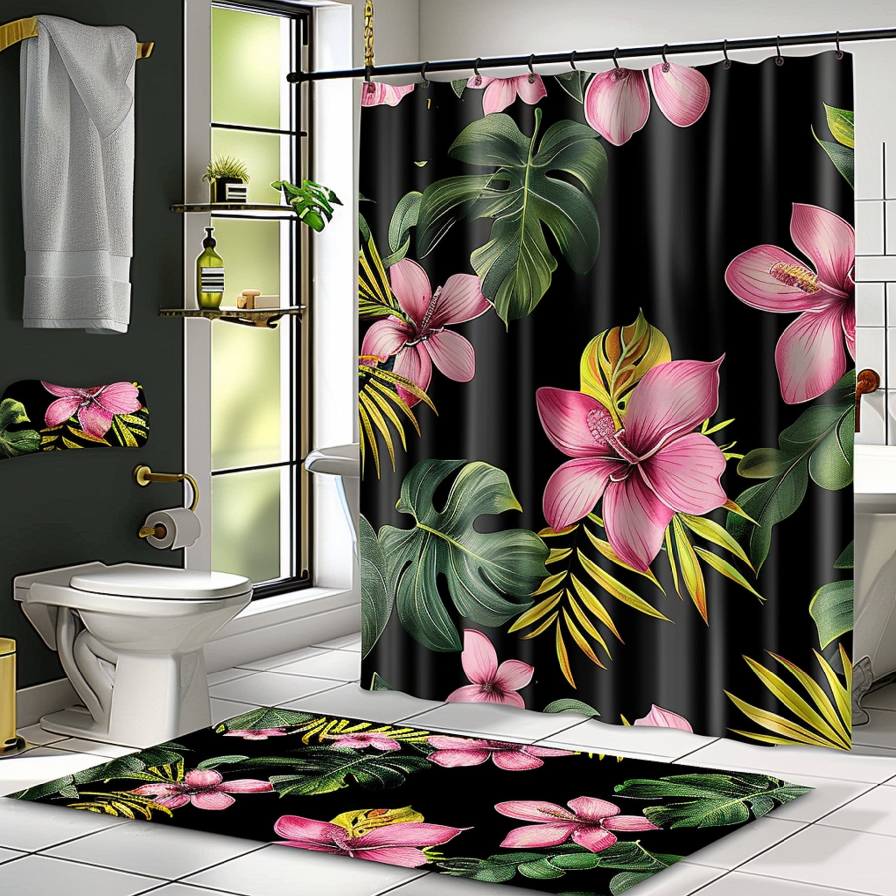 Tropical Floral Bathroom Set with Hyper Realistic Artwork Black/Pink ...