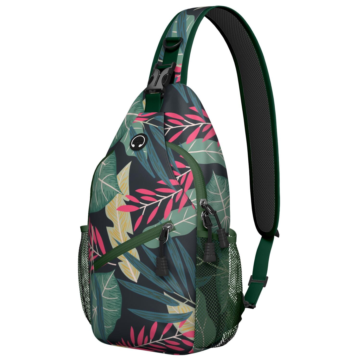 Tropical Floral Jungle Leaves Sling Backpack for Travel and Outdoor Use ...