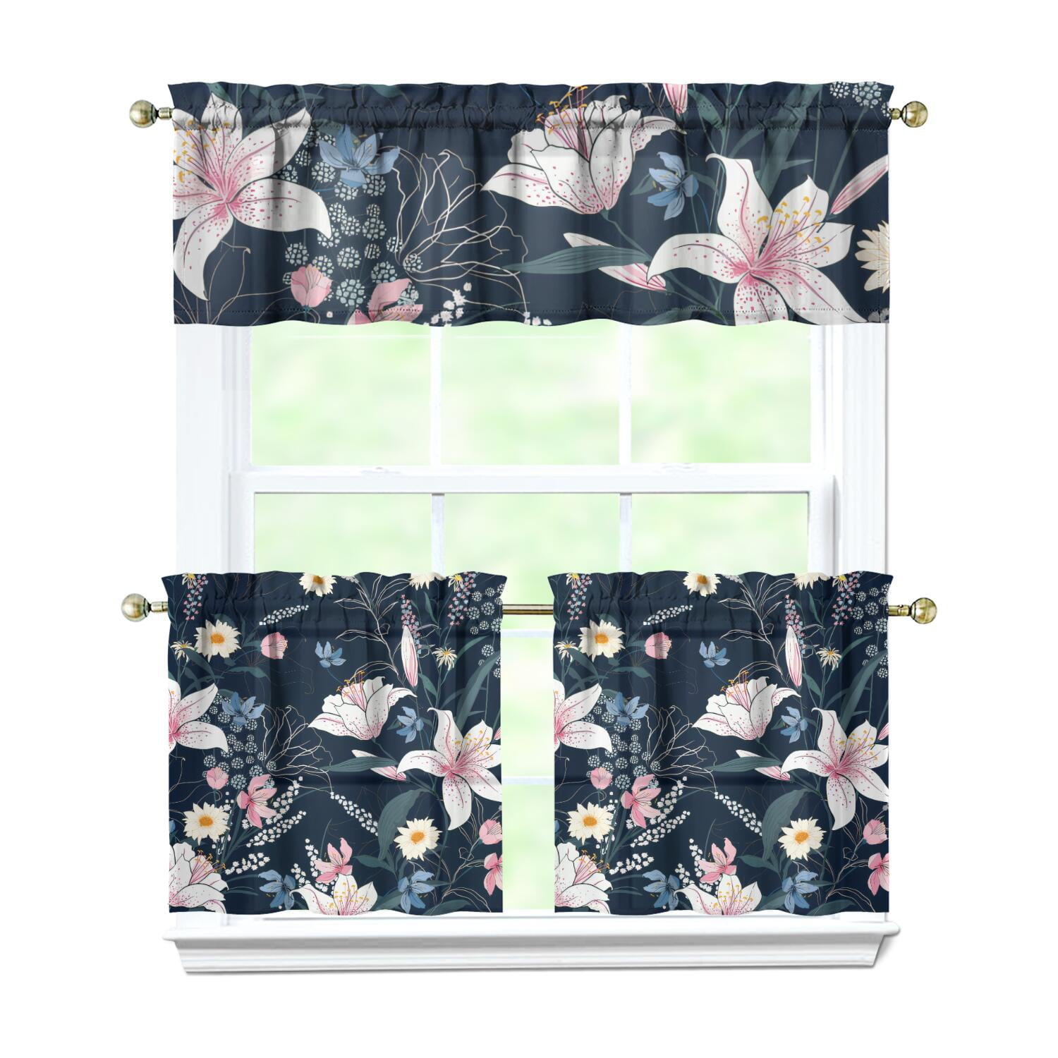 Tropical Floral Kitchen Curtains Set, Exotic Floral Rod Pocket Tier and ...