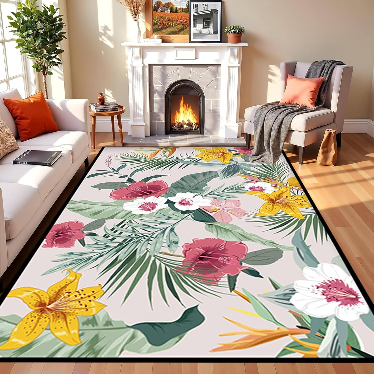 Tropical Floral Leaf Area Rug, Colorful Flowers Tropical Palm Leaves ...