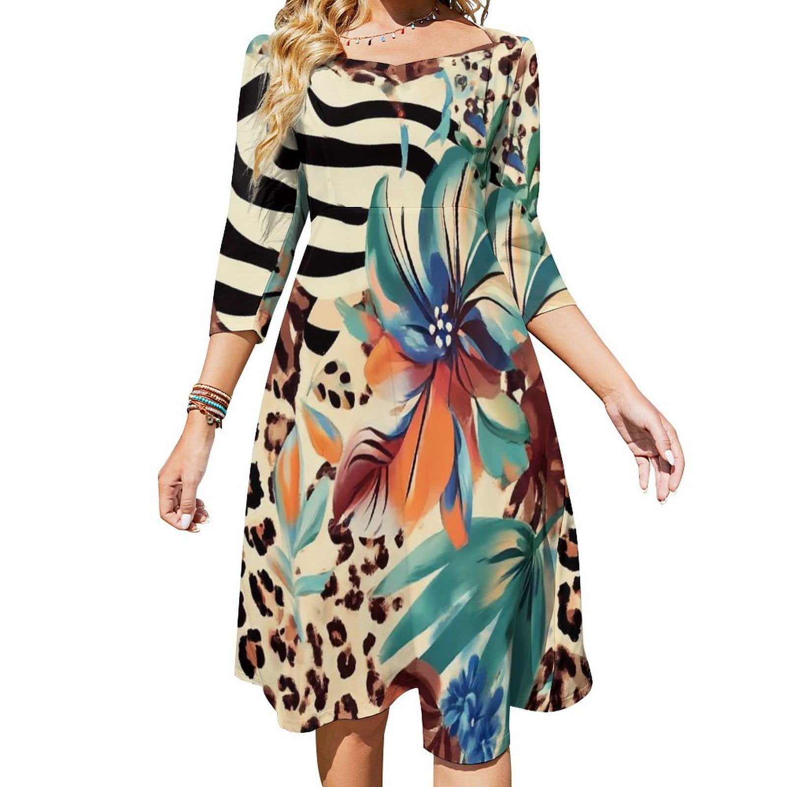 Tropical Floral Leopard Zebra Print Womens Summer Dress Tie Back A Line ...