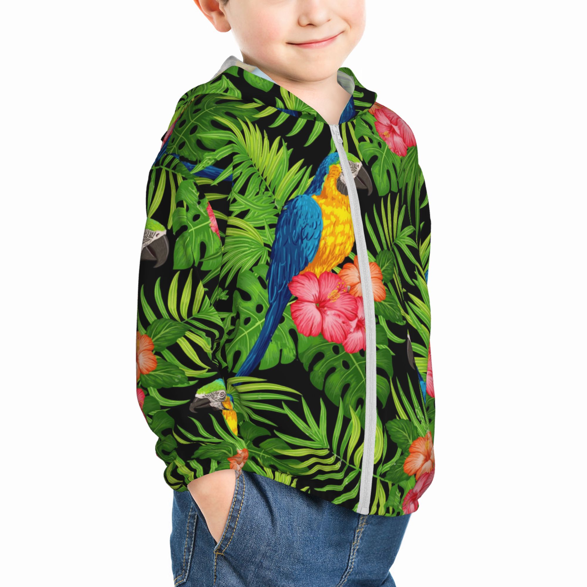 Tropical Floral Macaw Parrots Kids Zip-Up Hoodie Girls Boys Sun Protection Jacket Hooded Cooling ...