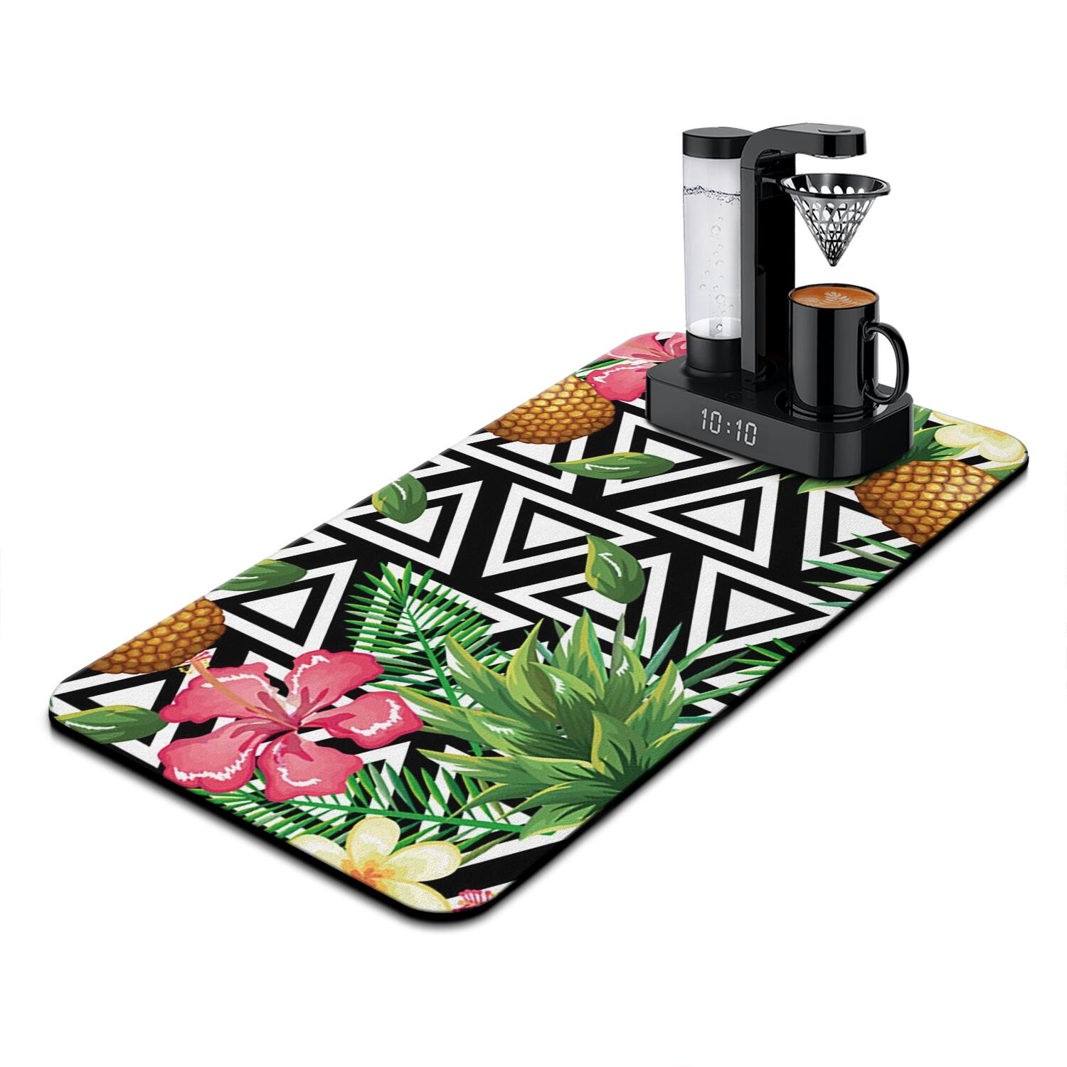 Tropical Floral Pattern Kitchen Mat, Absorbent Coffee Bar Drying Pad ...