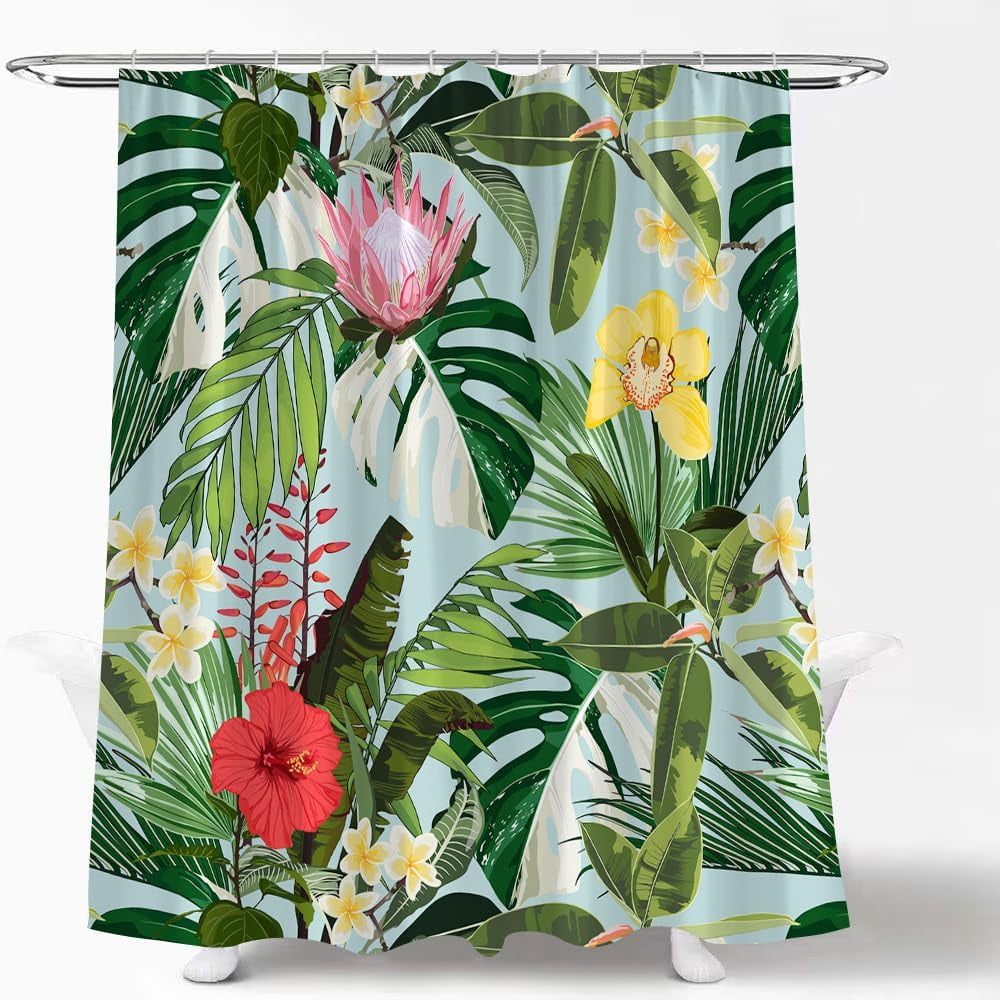 Tropical Floral Plant Shower Curtain Palm Leaves Hibiscus Plumeria ...