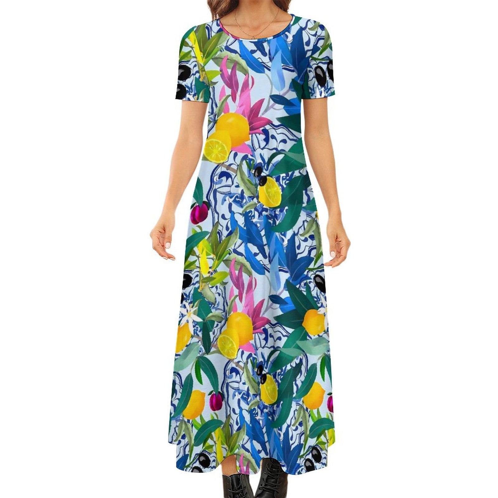 Tropical Floral Print Dress Colorful Fruits Funny Boho Beach Long ...