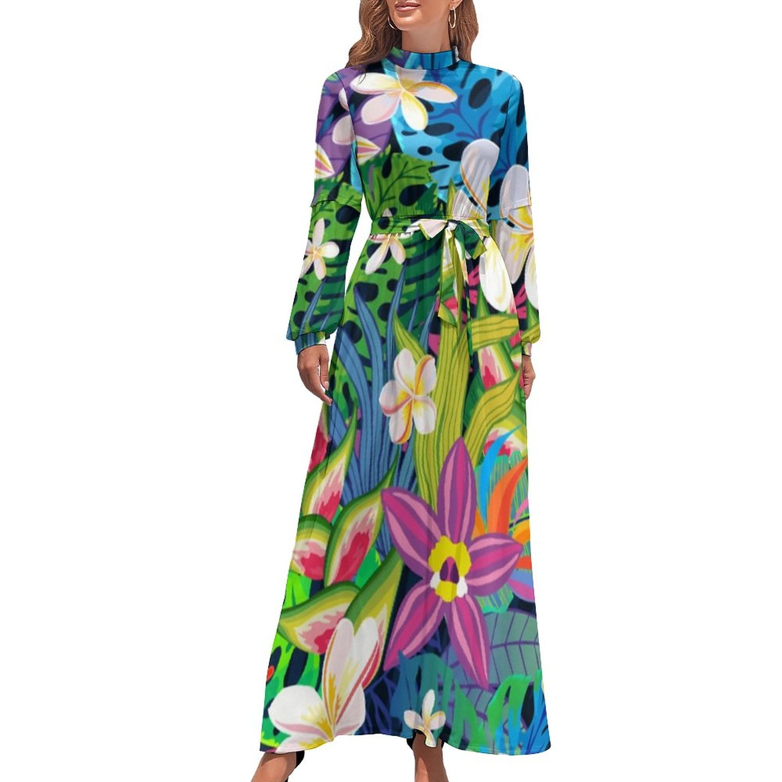 Tropical Floral Print Dress Red Flowers Party Maxi Dress Bohemia Long ...