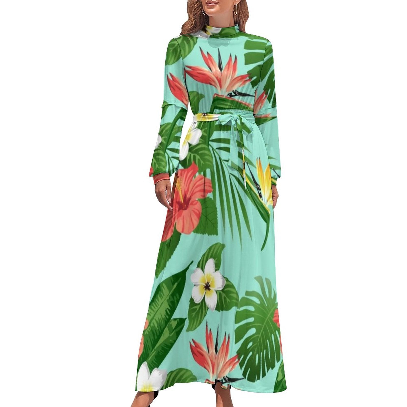 Tropical Floral Print Dress Red Flowers Party Maxi Dress Bohemia Long ...
