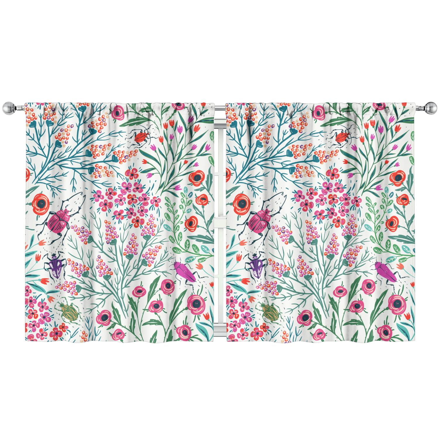 Tropical Floral Print Kitchen Curtains 2 Pack - Bright Bloom and Leaves ...