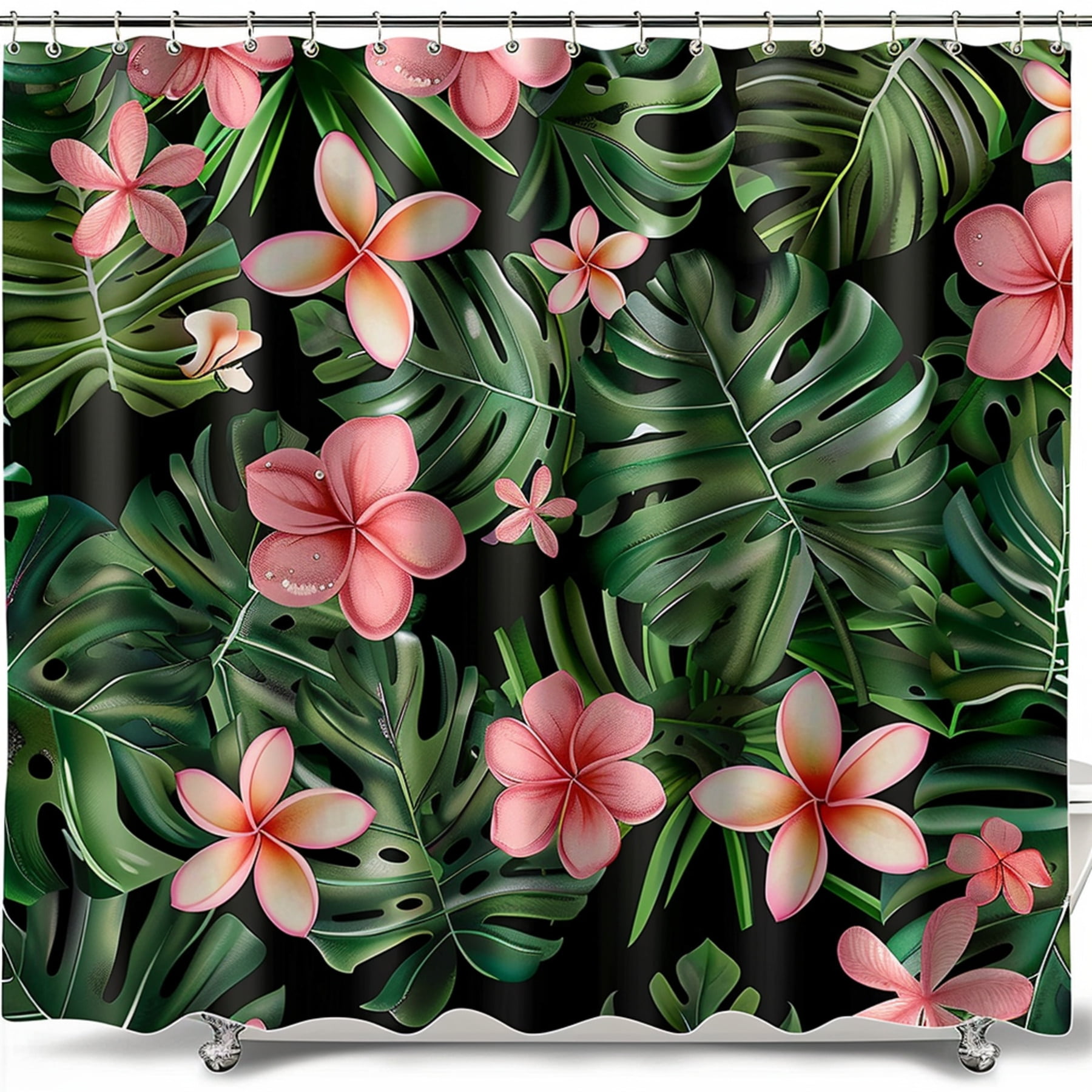 Tropical Floral Shower Curtain Set With Pink Plumeria Monstera And Palm